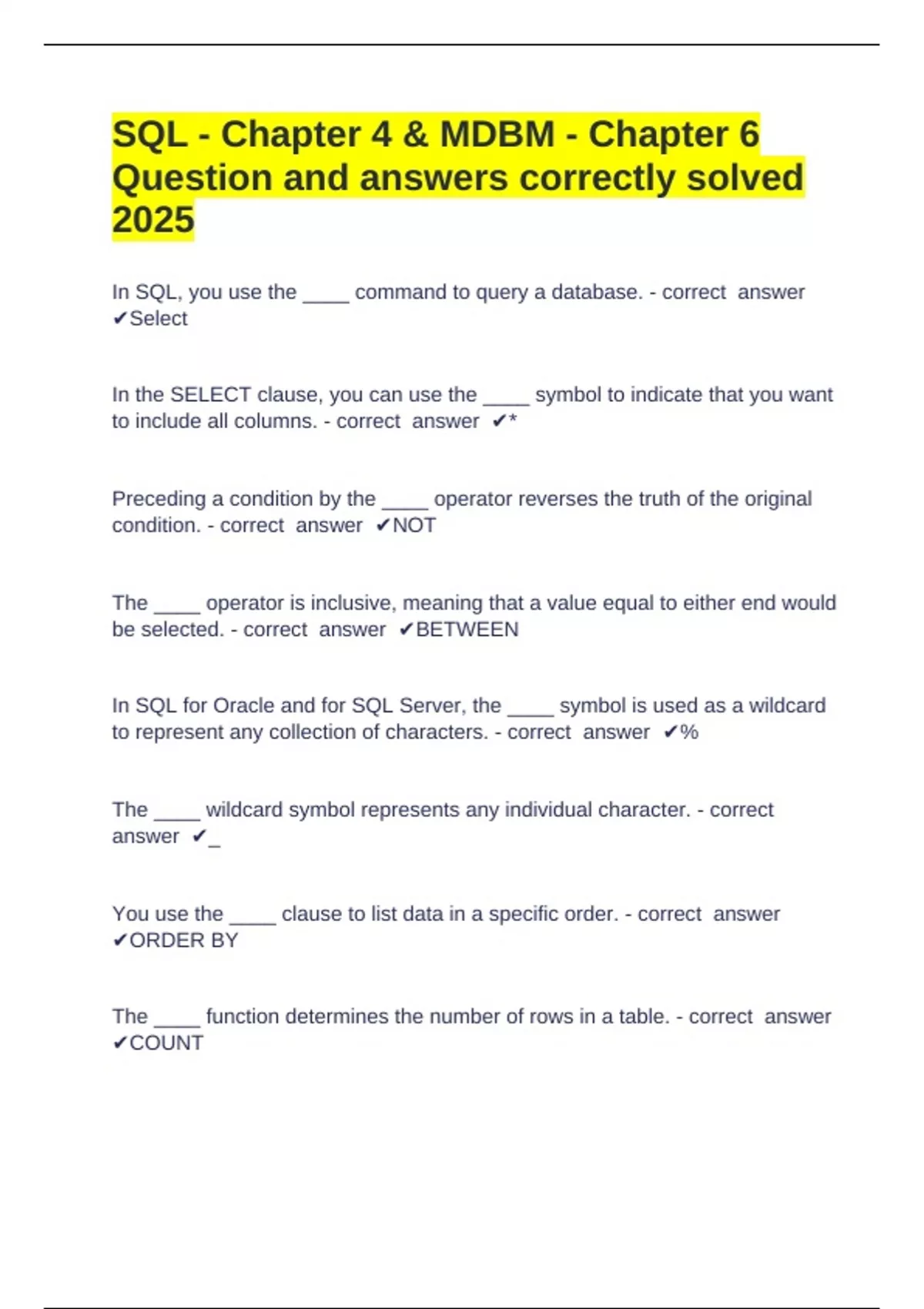 SQL - Chapter 4 & MDBM - Chapter 6 Question and answers correctly solved 2025 - SQL - Chapter 4 ...