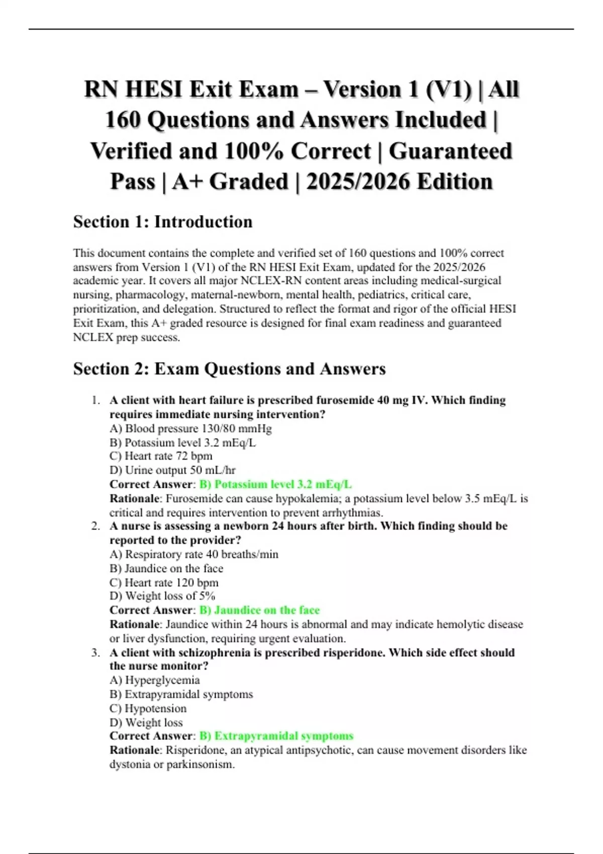 RN HESI Exit Exam – Version 1 (V1) – 2025/2026 Edition – All 160 ...