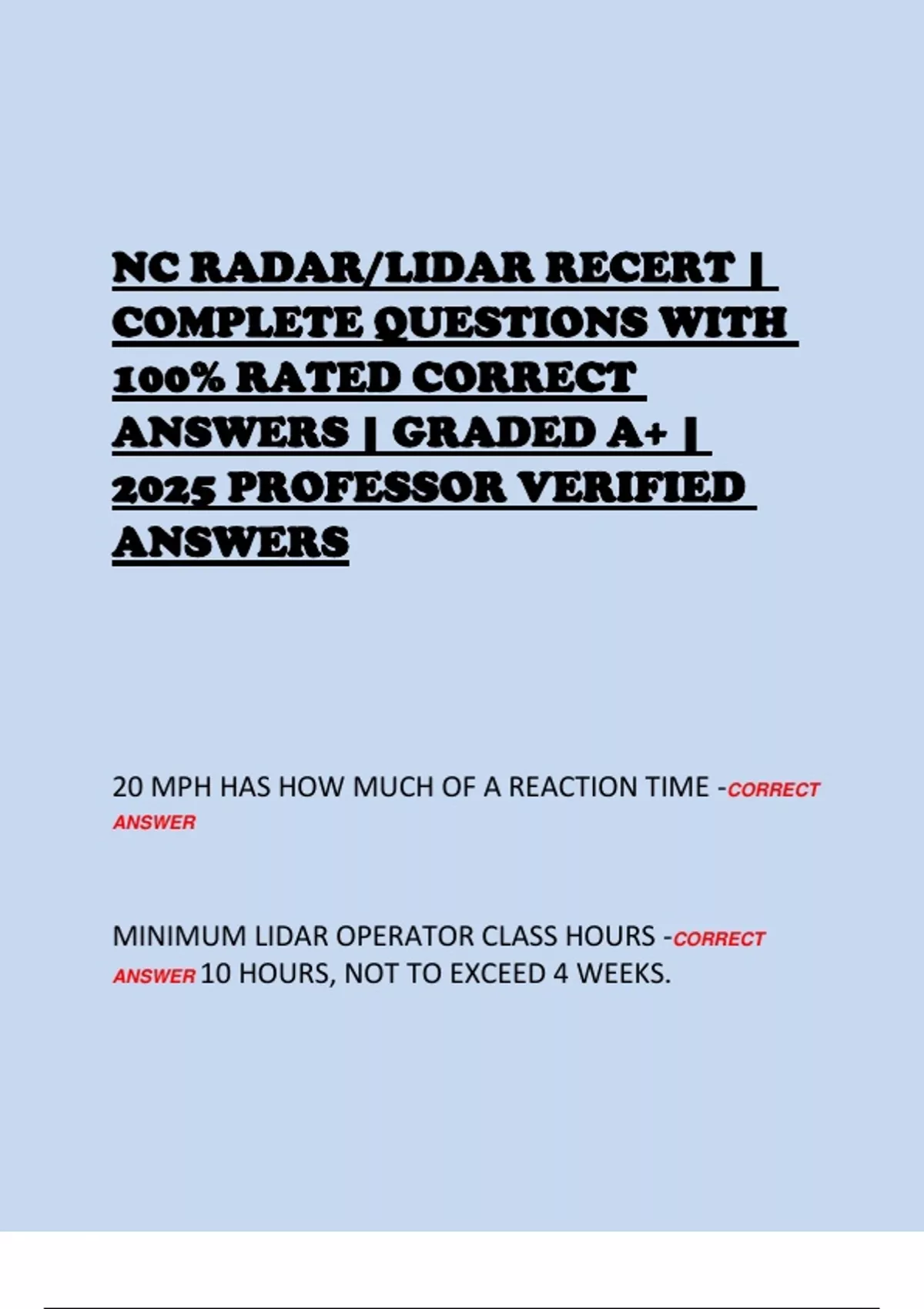 NC RADAR/LIDAR Recert Exam | Complete 2025 Questions & 100% Correct ...