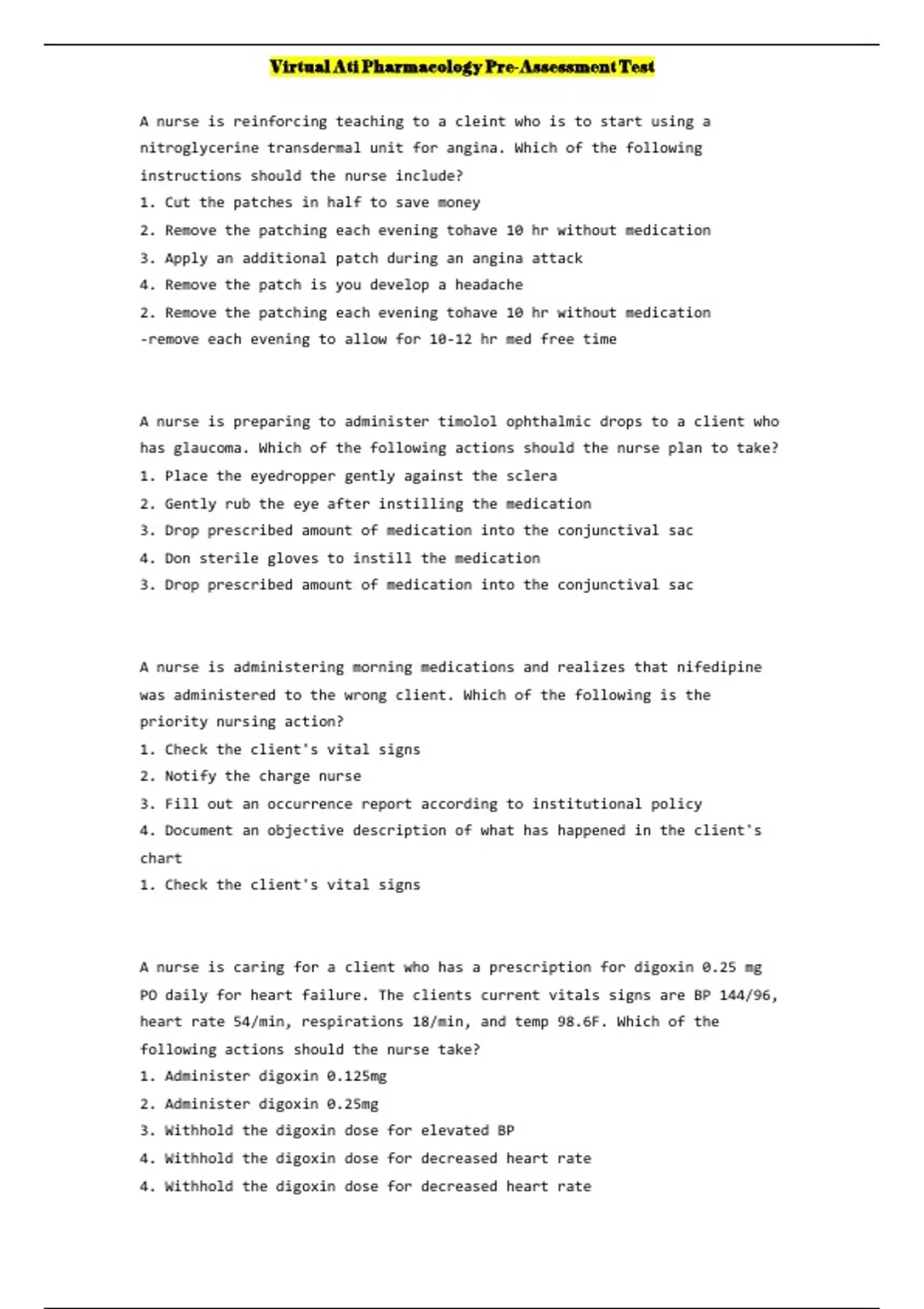 Virtual Ati Pharmacology Pre-Assessment Test 2025 - Virtual Ati ...