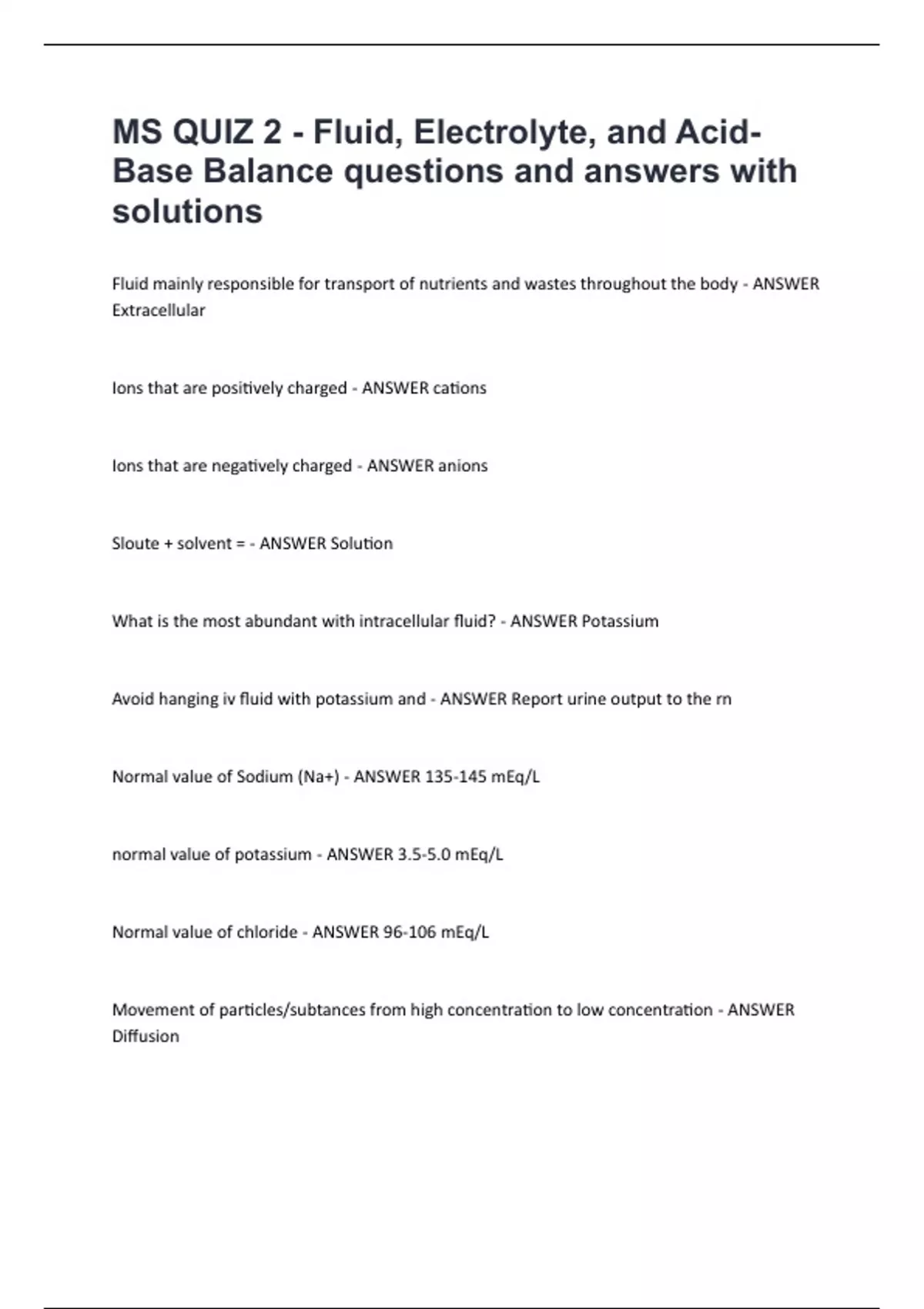 MS QUIZ 2 - Fluid, Electrolyte, and Acid-Base Balance questions and answers with solutions - MS2 ...