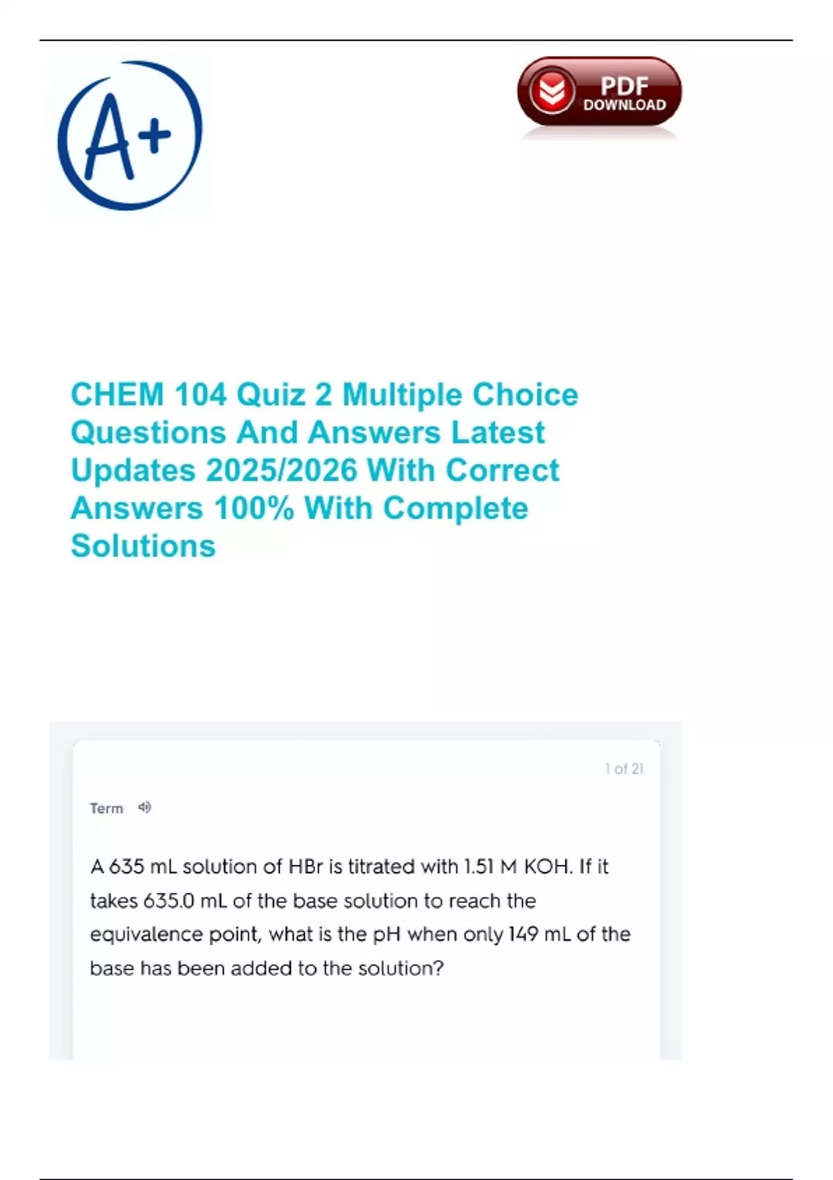 CHEM 104 Quiz 2 Multiple Choice Questions And Answers Latest Updates ...