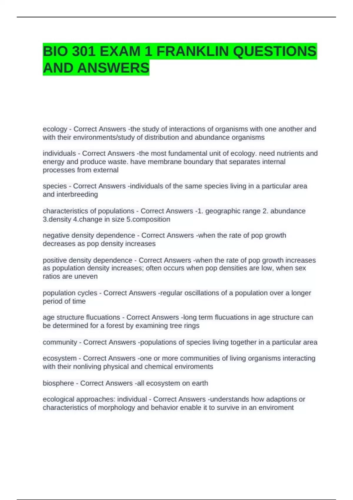 BIO 301 EXAM 1 FRANKLIN QUESTIONS AND ANSWERS - BIO 301 - Stuvia US