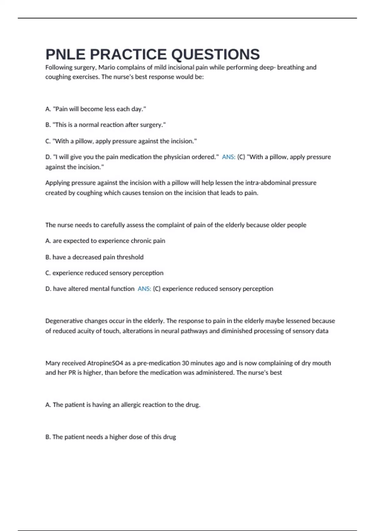 PNLE EXAM. 100 PRACTICE QUESTIONS AND ANSWERS 2025 - PNLE - Stuvia US