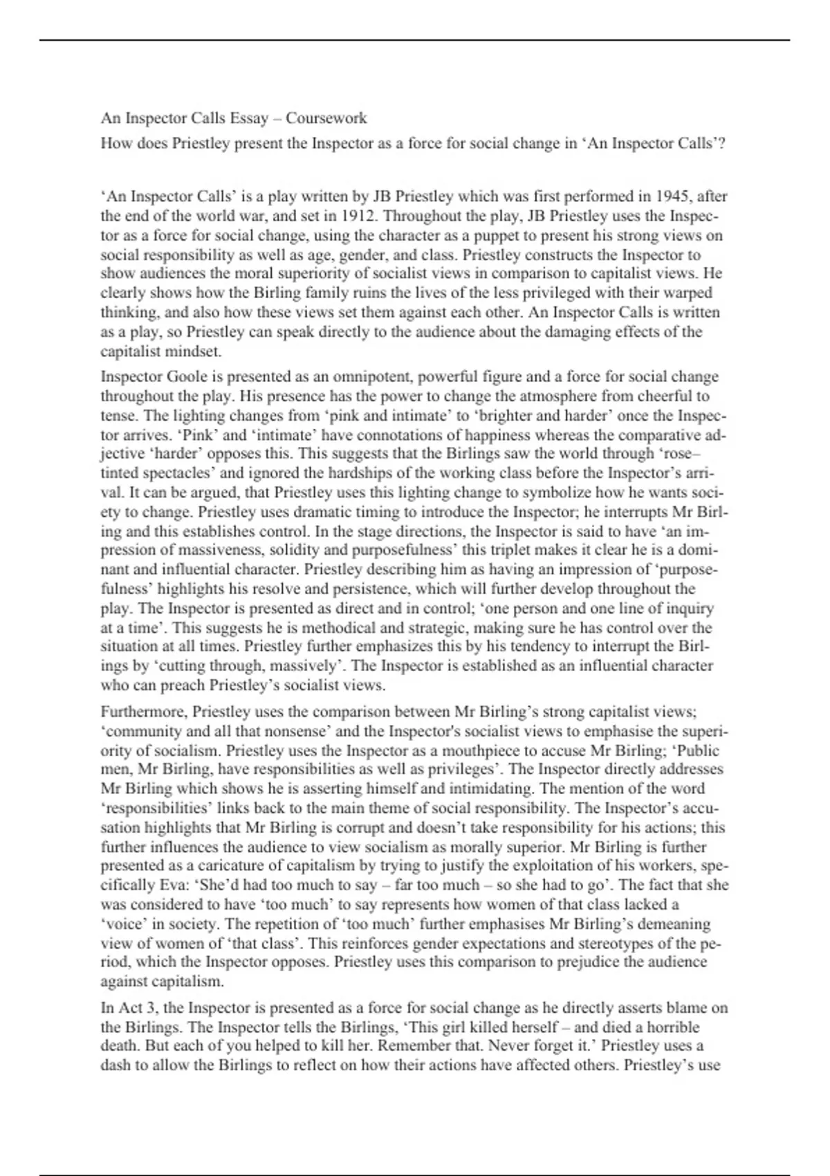 Grade 9 'An Inspector Calls' Model Essay - - English - Stuvia UK