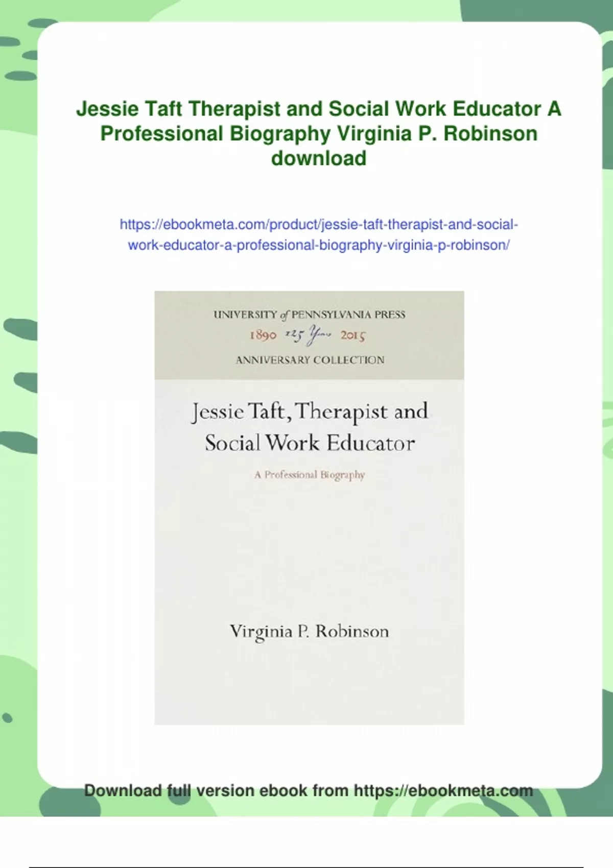 Summary Jessie Taft Therapist and Social Work Educator A Professional ...