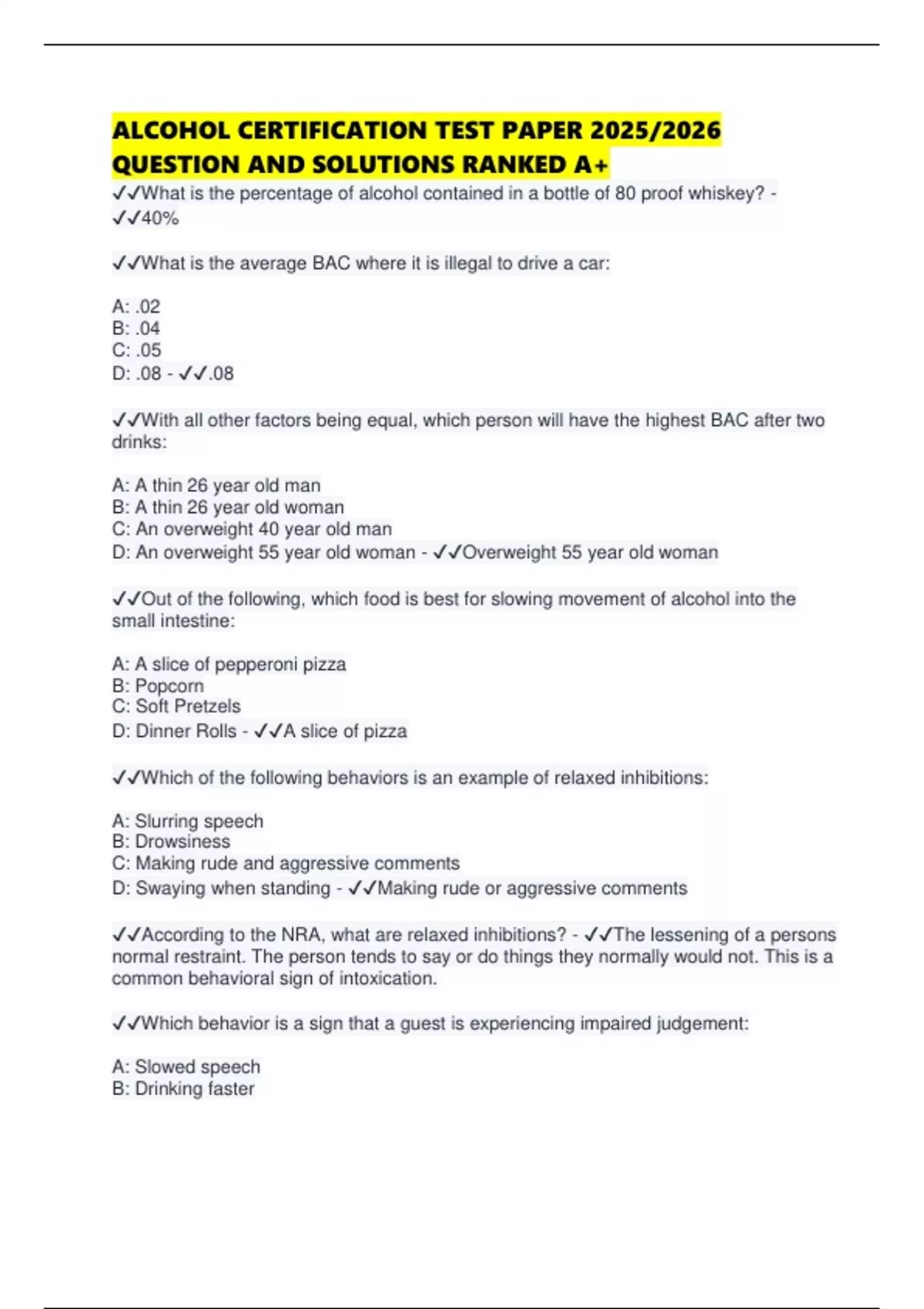 ALCOHOL CERTIFICATION TEST PAPER 2025/2026 QUESTION AND SOLUTIONS ...
