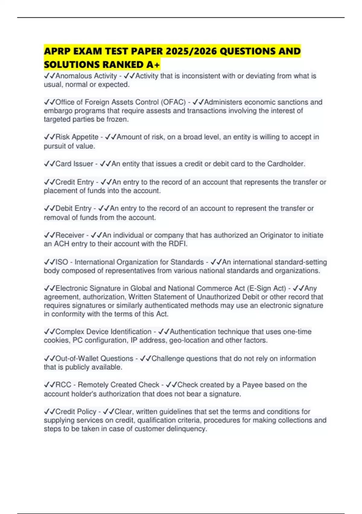 APRP EXAM TEST PAPER 2025/2026 QUESTIONS AND SOLUTIONS RANKED A+ - APRP ...