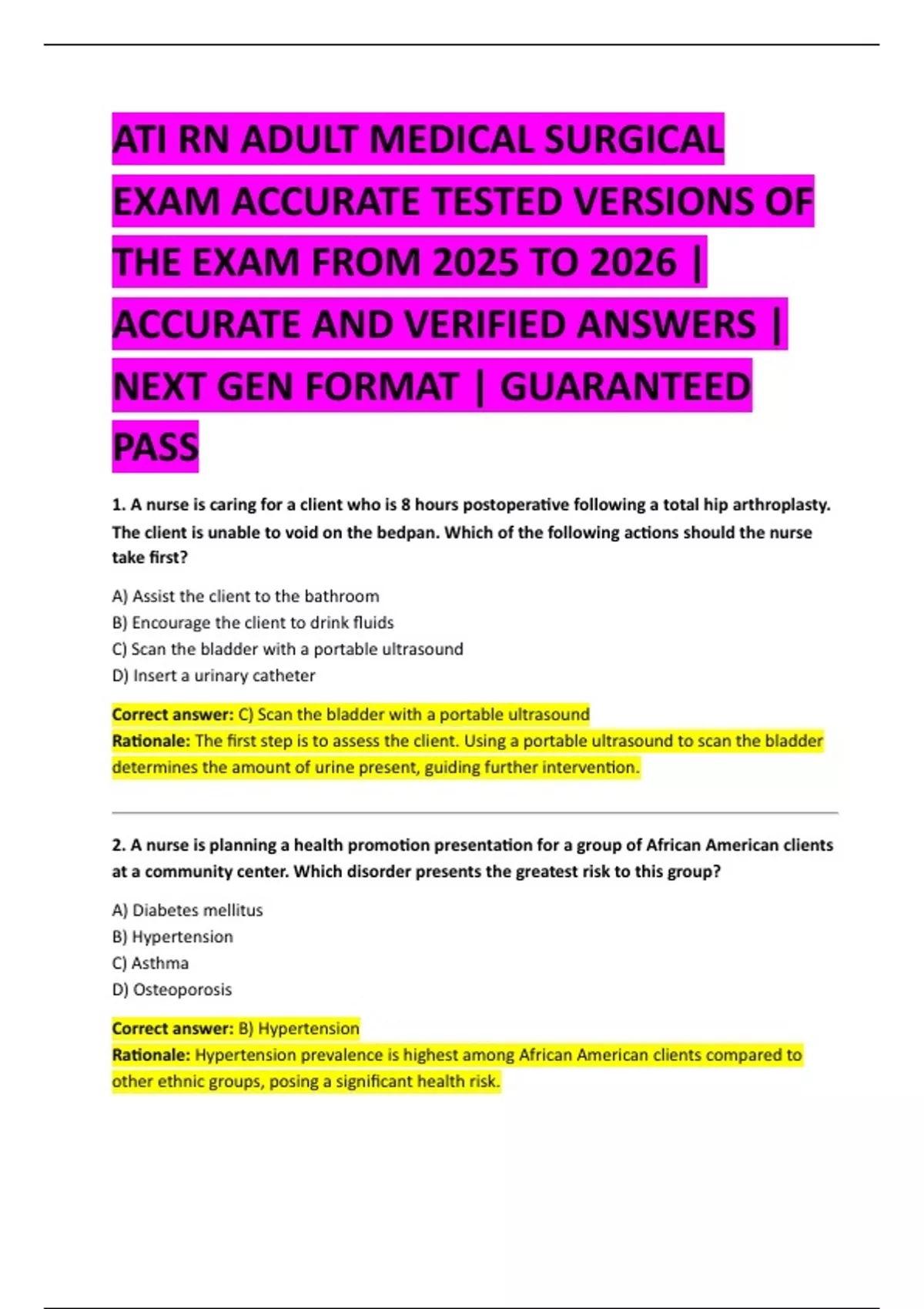 ATI RN ADULT MEDICAL SURGICAL EXAM ACCURATE TESTED VERSIONS OF THE EXAM ...