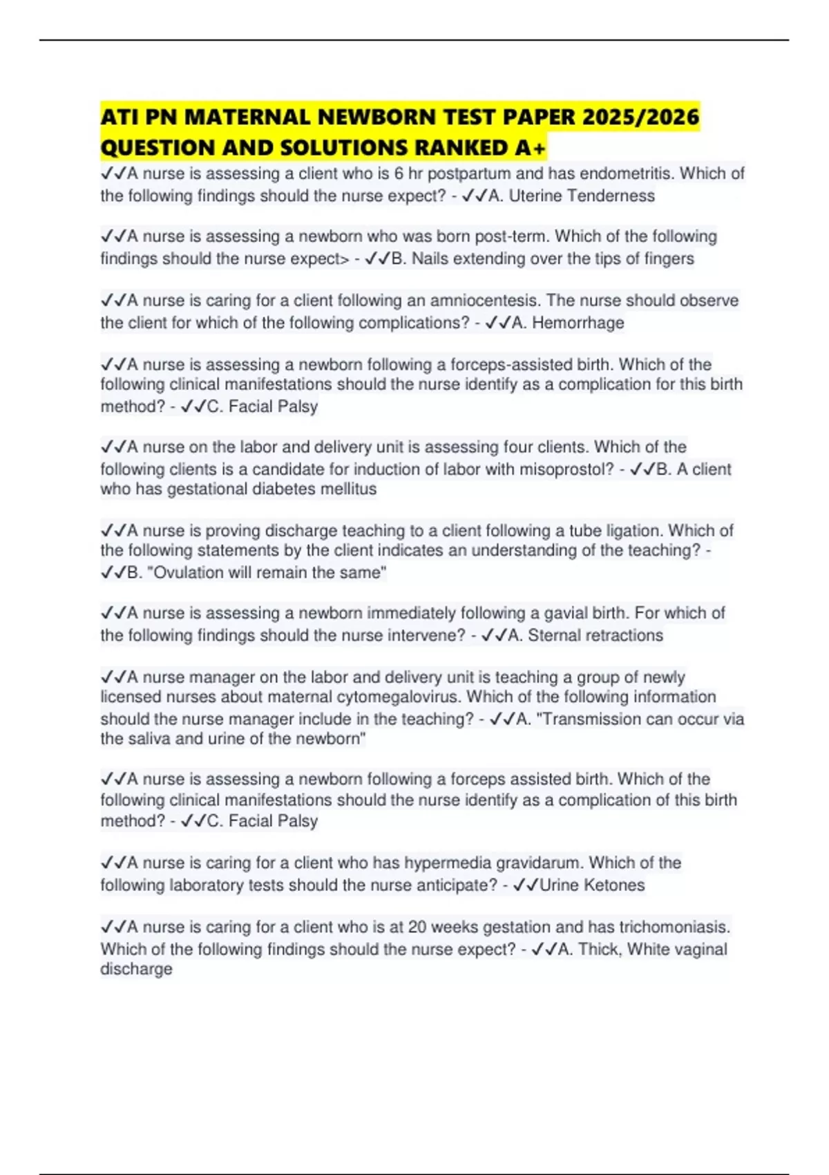 ATI PN MATERNAL NEWBORN TEST PAPER 2025/2026 QUESTION AND SOLUTIONS ...