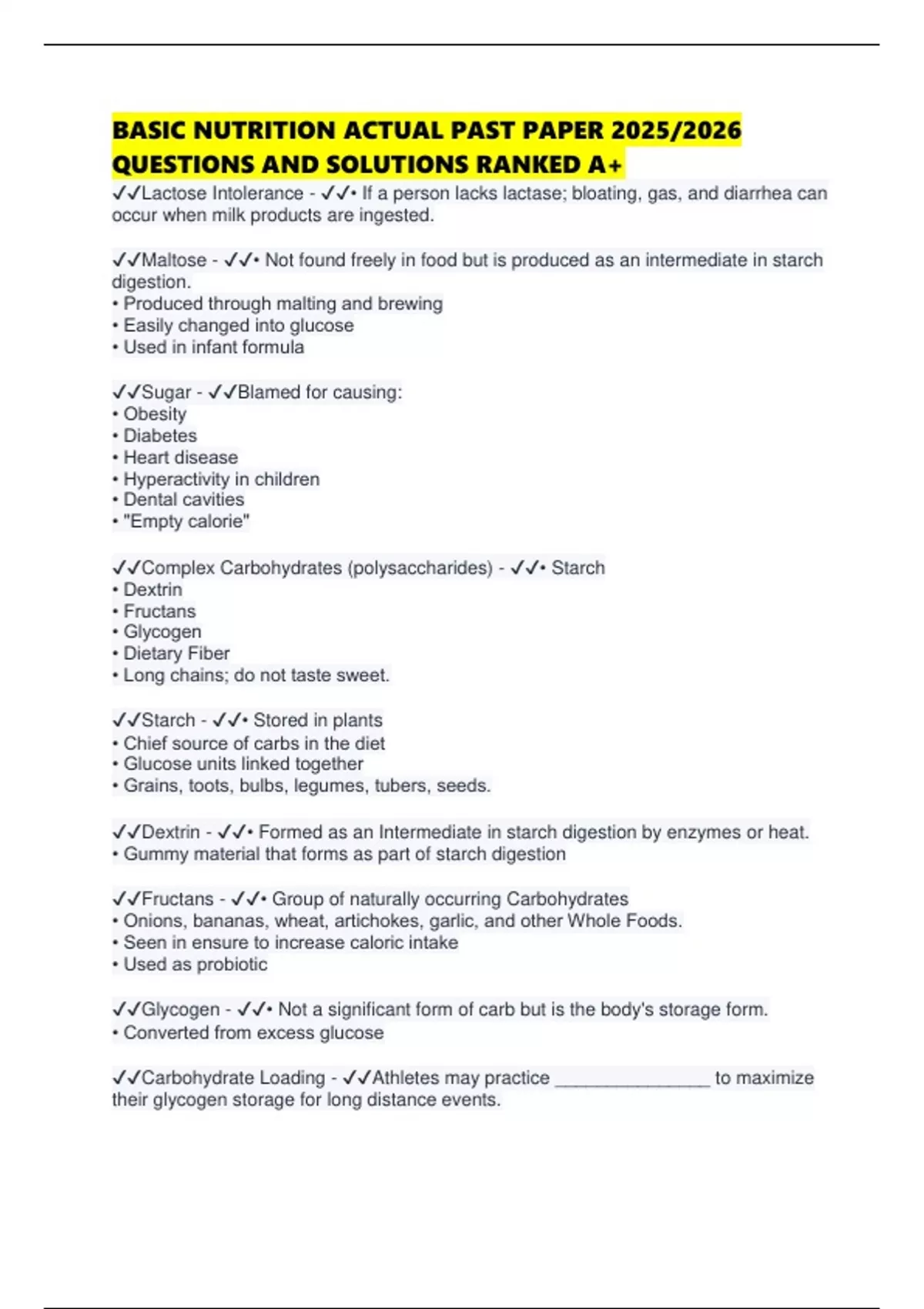 BASIC NUTRITION ACTUAL PAST PAPER 2025/2026 QUESTIONS AND SOLUTIONS ...