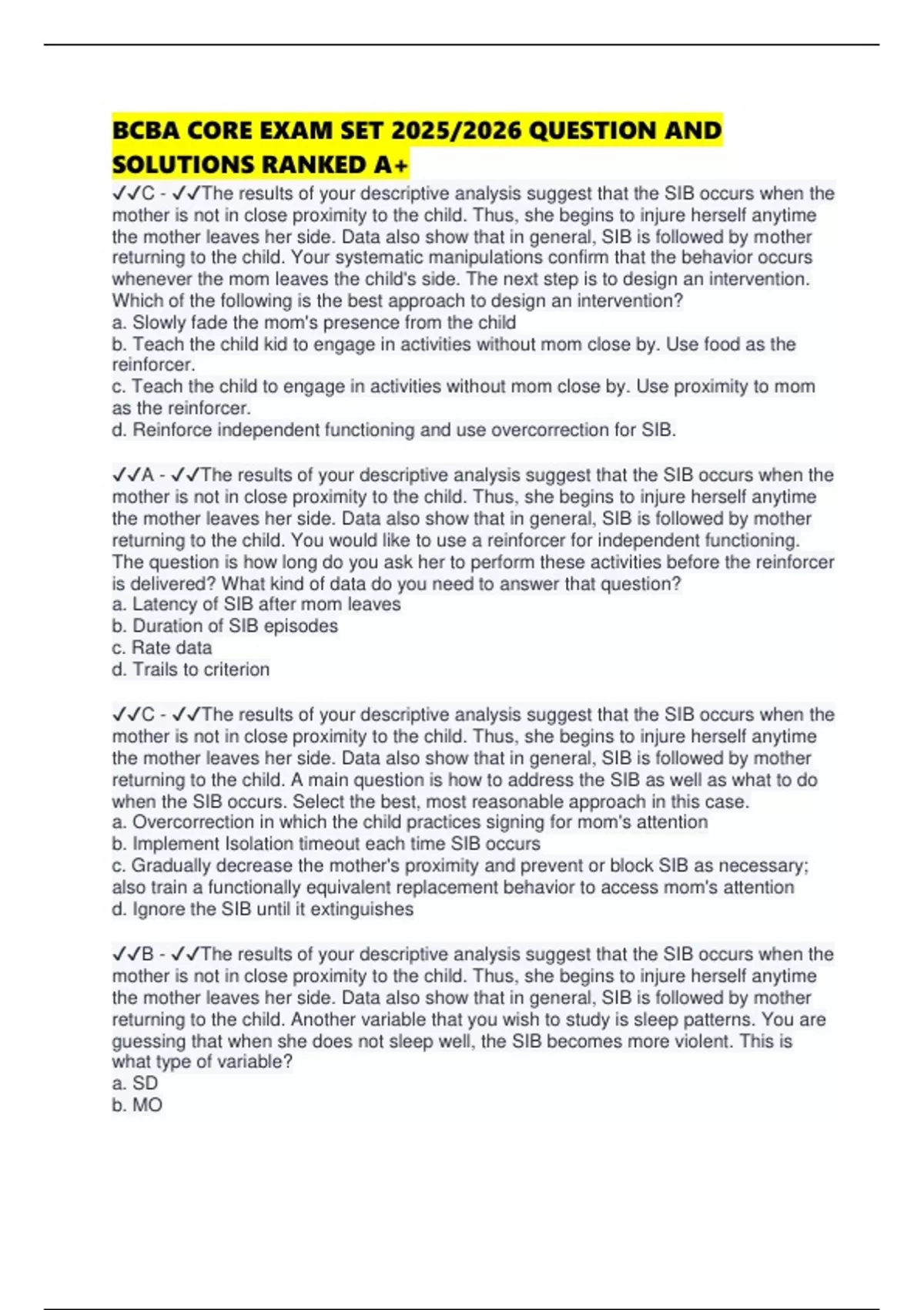 BCBA CORE EXAM SET 2025/2026 QUESTION AND SOLUTIONS RANKED A+ - BCBA ...