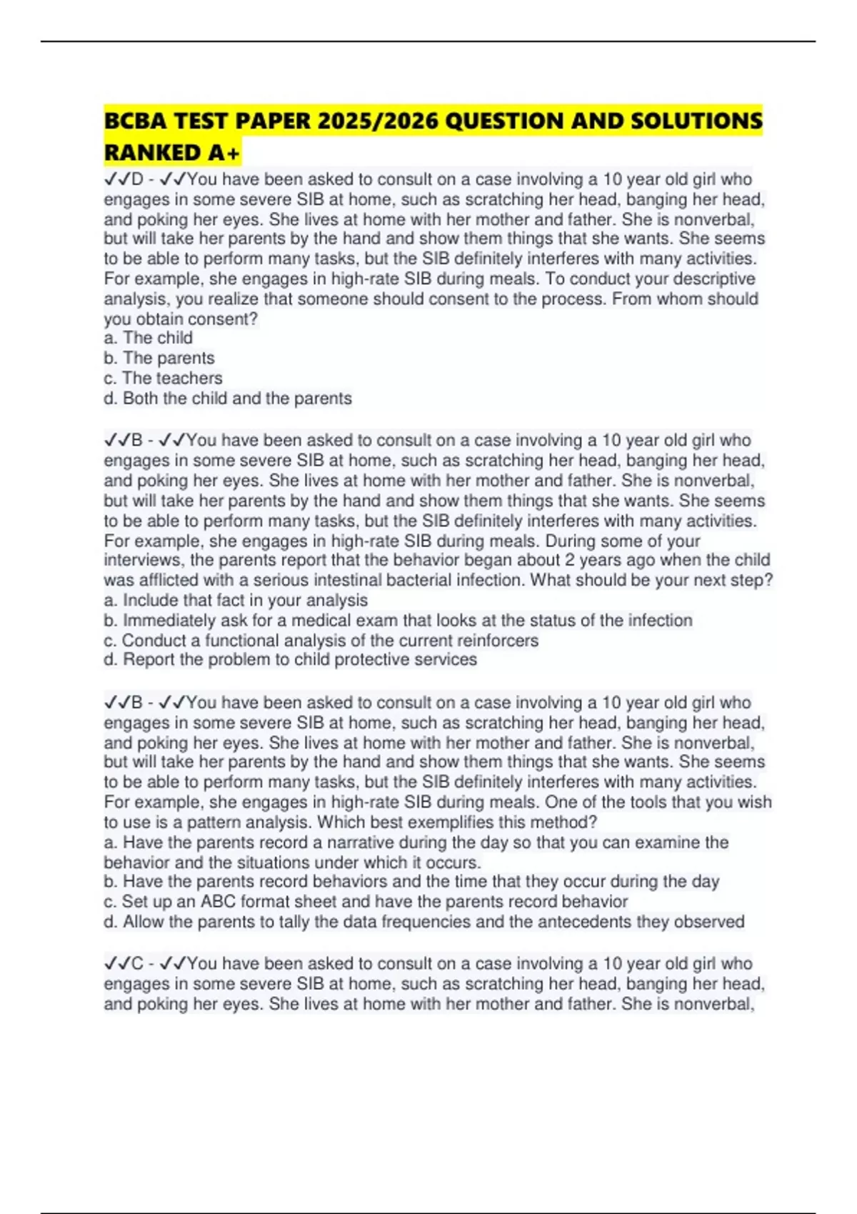 BCBA TEST PAPER 2025/2026 QUESTION AND SOLUTIONS RANKED A+ - BCBA ...
