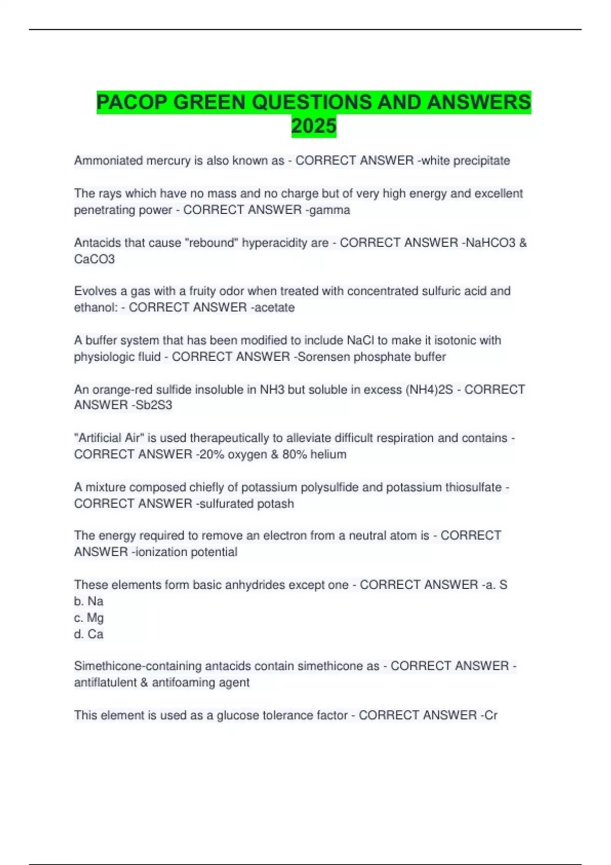 PACOP GREEN QUESTIONS AND ANSWERS 2025 - PACOP GREEN - Stuvia US