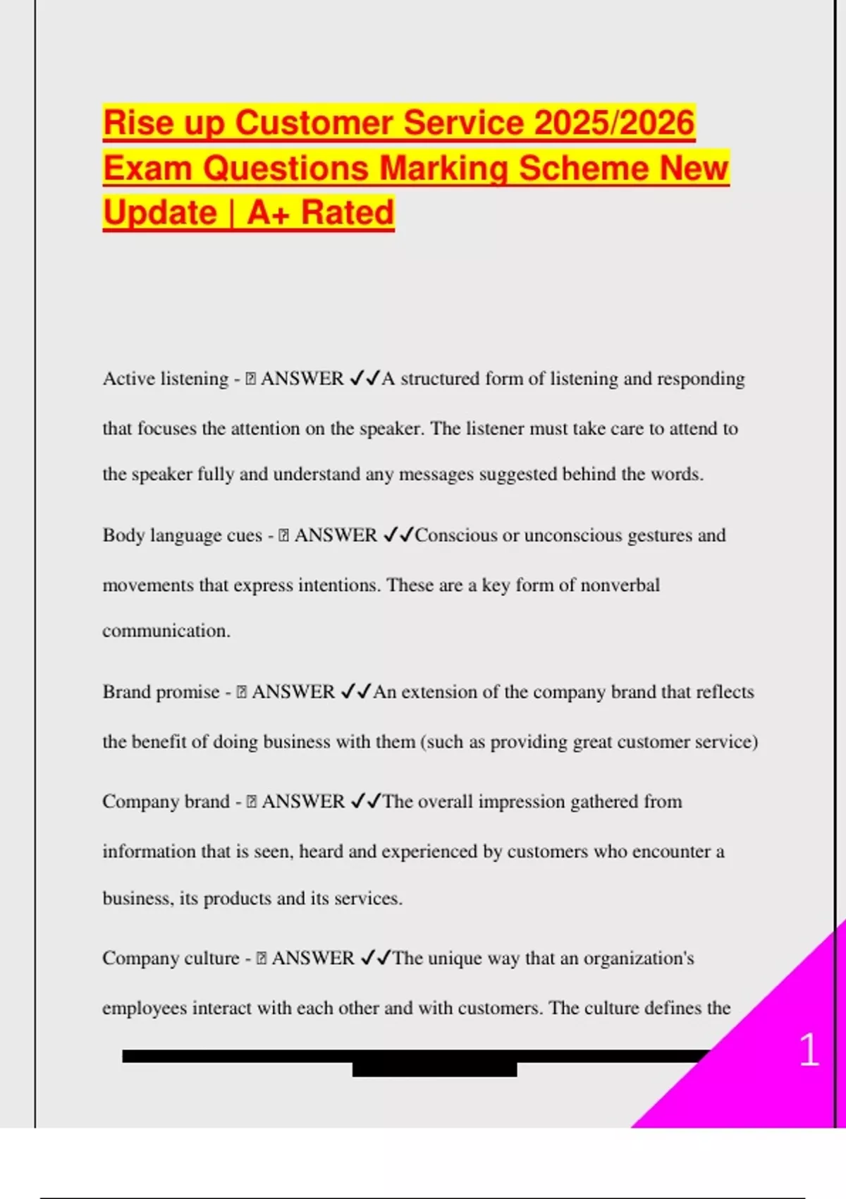 Rise up Customer Service 2025/2026 Exam Questions Marking Scheme New ...