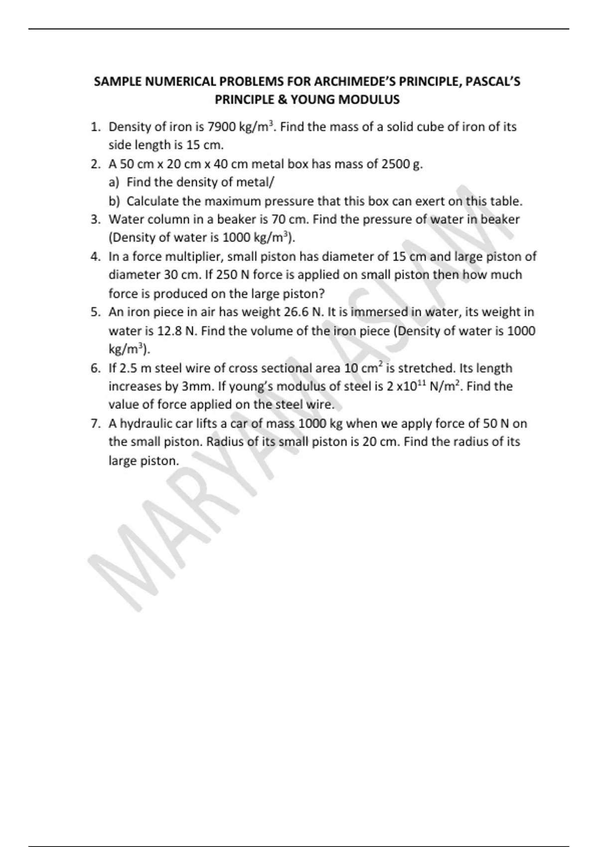 NUMERICAL PROBLEMS FOR ARCHIMEDES PRINCIPLE, PASCAL'S PRINCIPLE AND YOUNG MODULUS - Physics ...