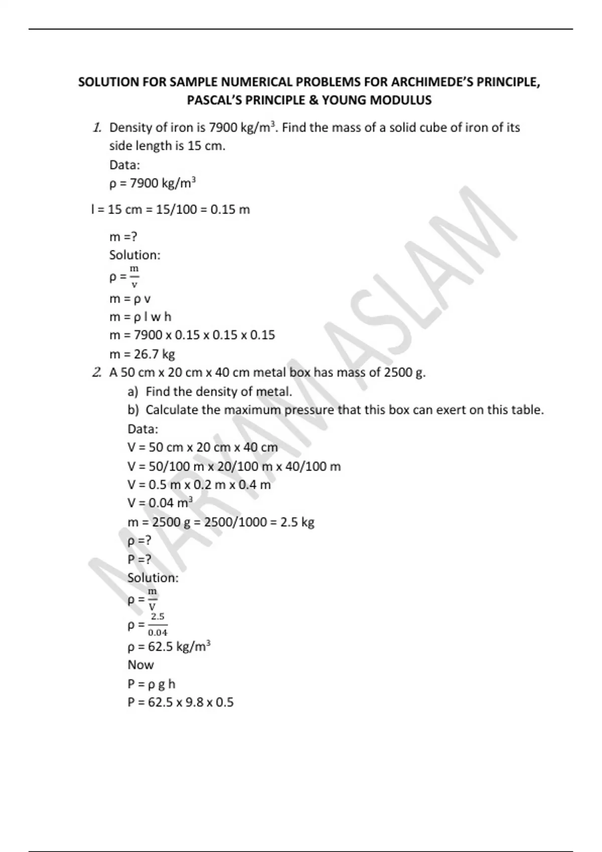 Solved numerical problems related to Archimedes principle, Pascal's ...