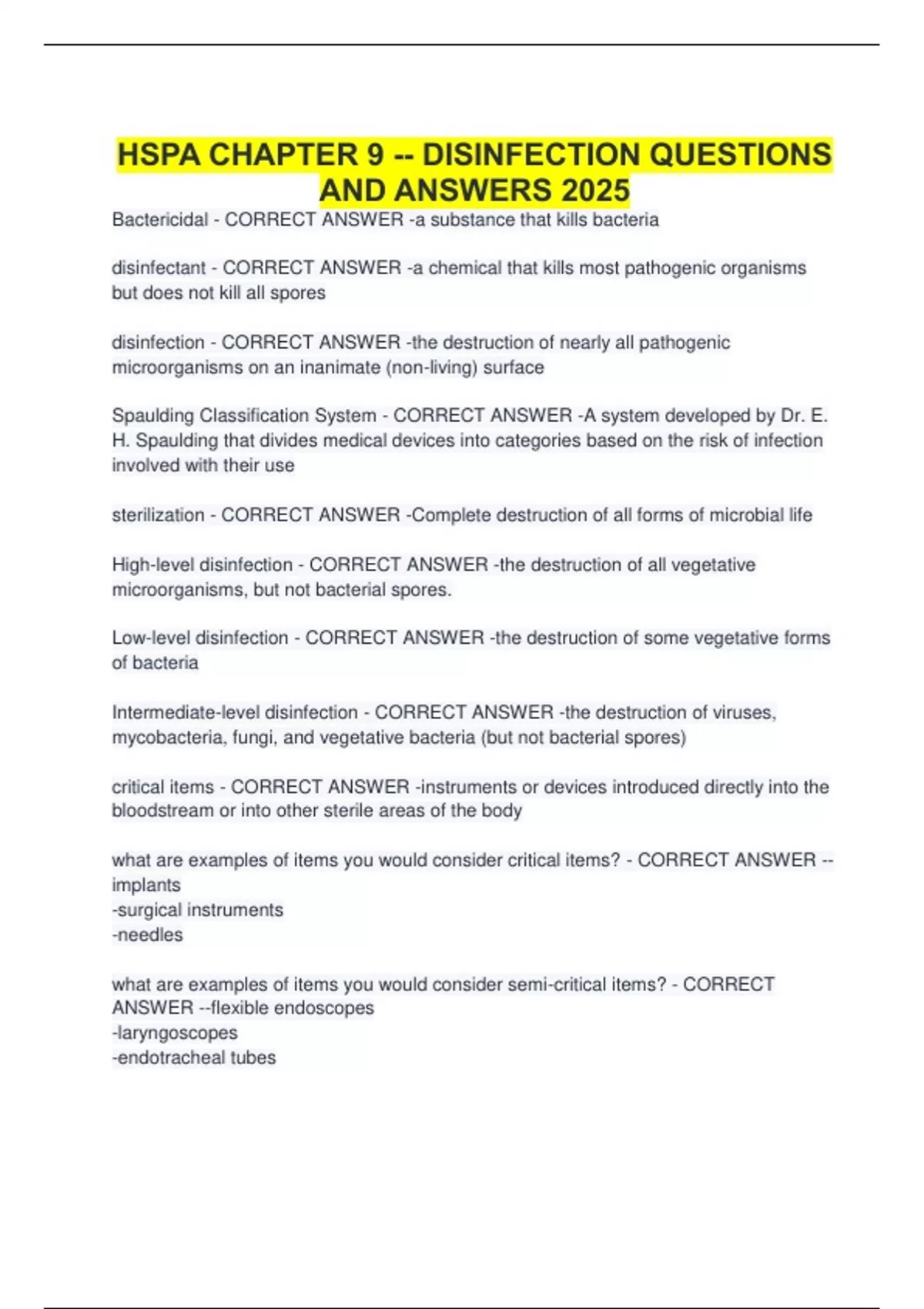 HSPA Chapter 9 -- Disinfection questions and answers 2025 - HSPA ...