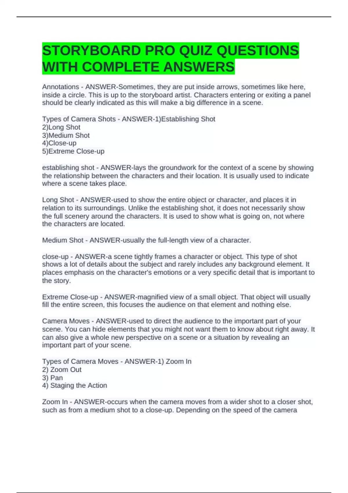 STORYBOARD PRO QUIZ QUESTIONS WITH COMPLETE ANSWERS - STORYBOARD PRO ...