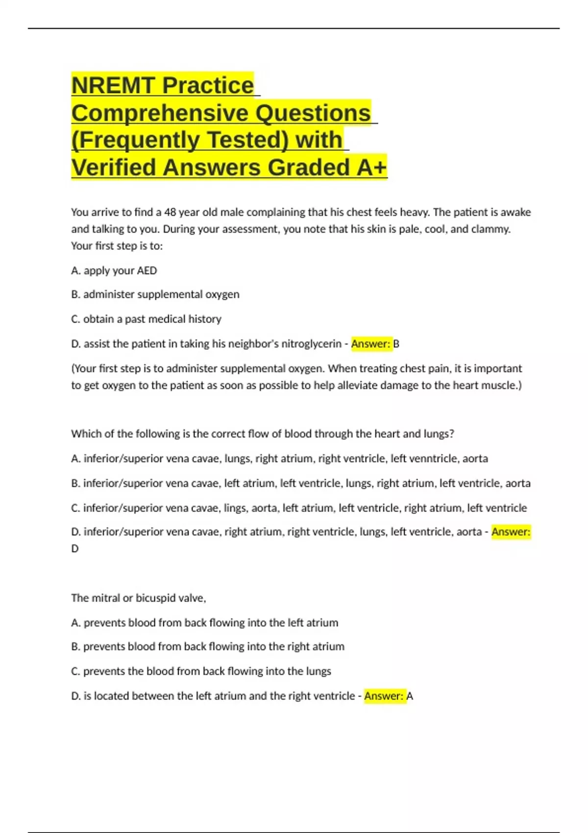 NREMT Practice Questions (Frequently Tested) with Verified Answers ...