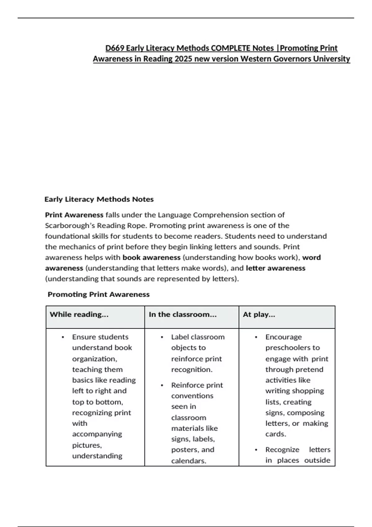 D669 Early Literacy Methods COMPLETE Notes |Promoting Print Awareness ...
