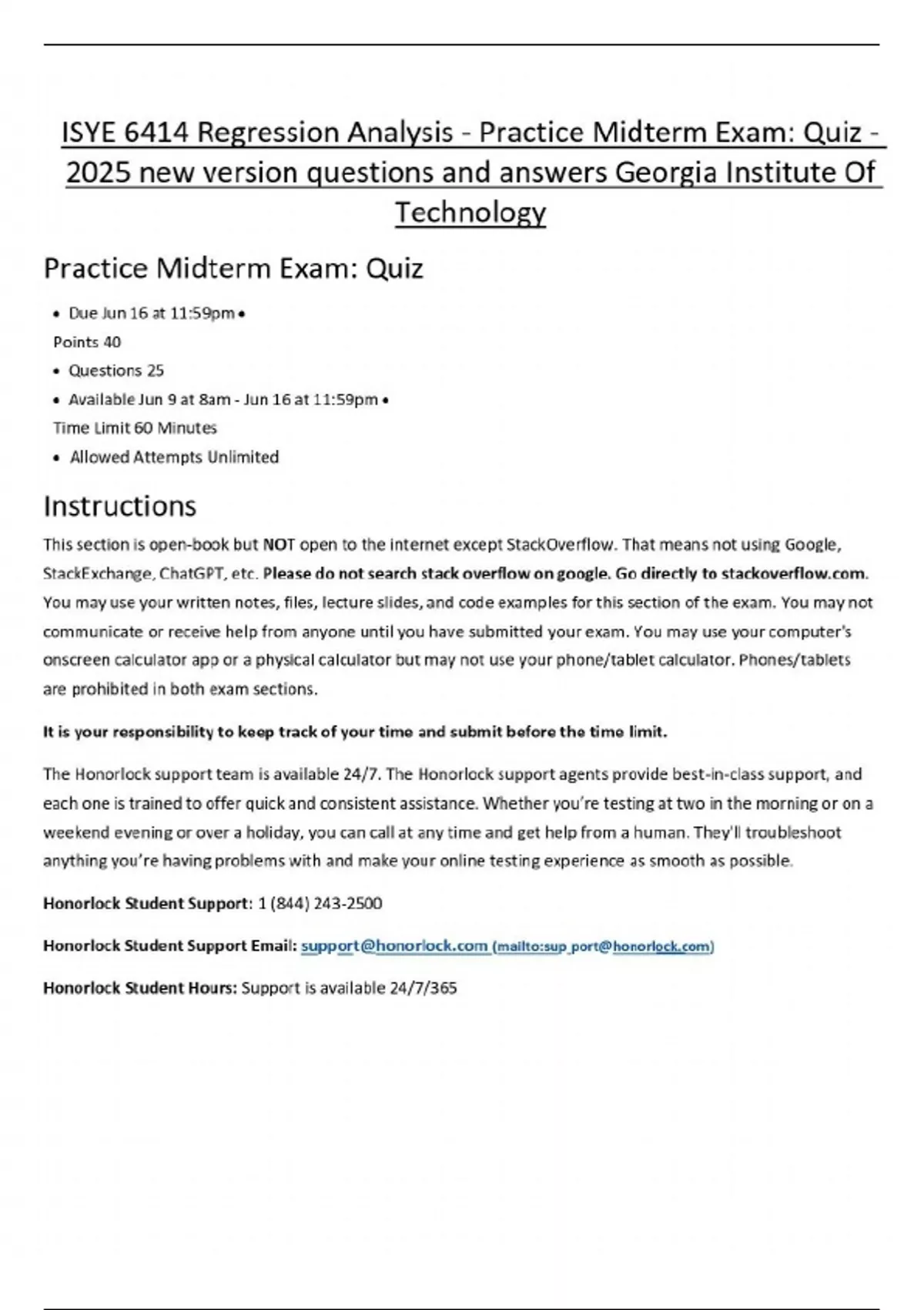 ISYE 6414 Regression Analysis - Practice Midterm Exam: Quiz - 2025 new version questions and ...