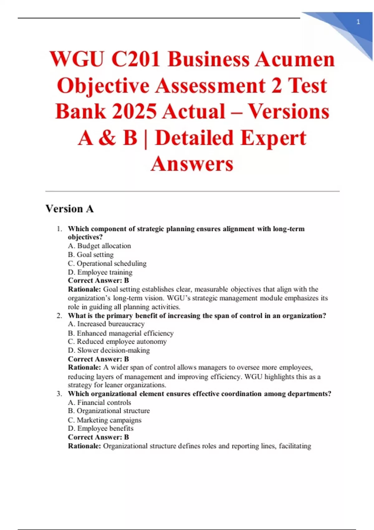 WGU C201 Business Acumen Objective Assessment 2 Test Bank 2025 Actual ...