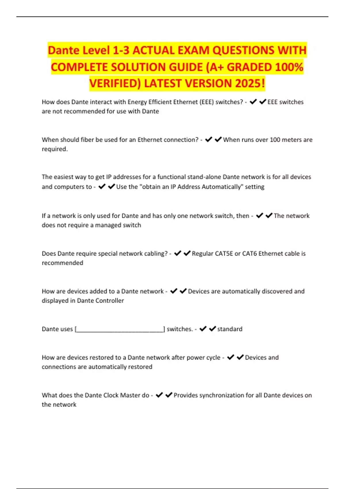 Dante Level 1-3 ACTUAL EXAM QUESTIONS WITH COMPLETE SOLUTION GUIDE (A+ ...