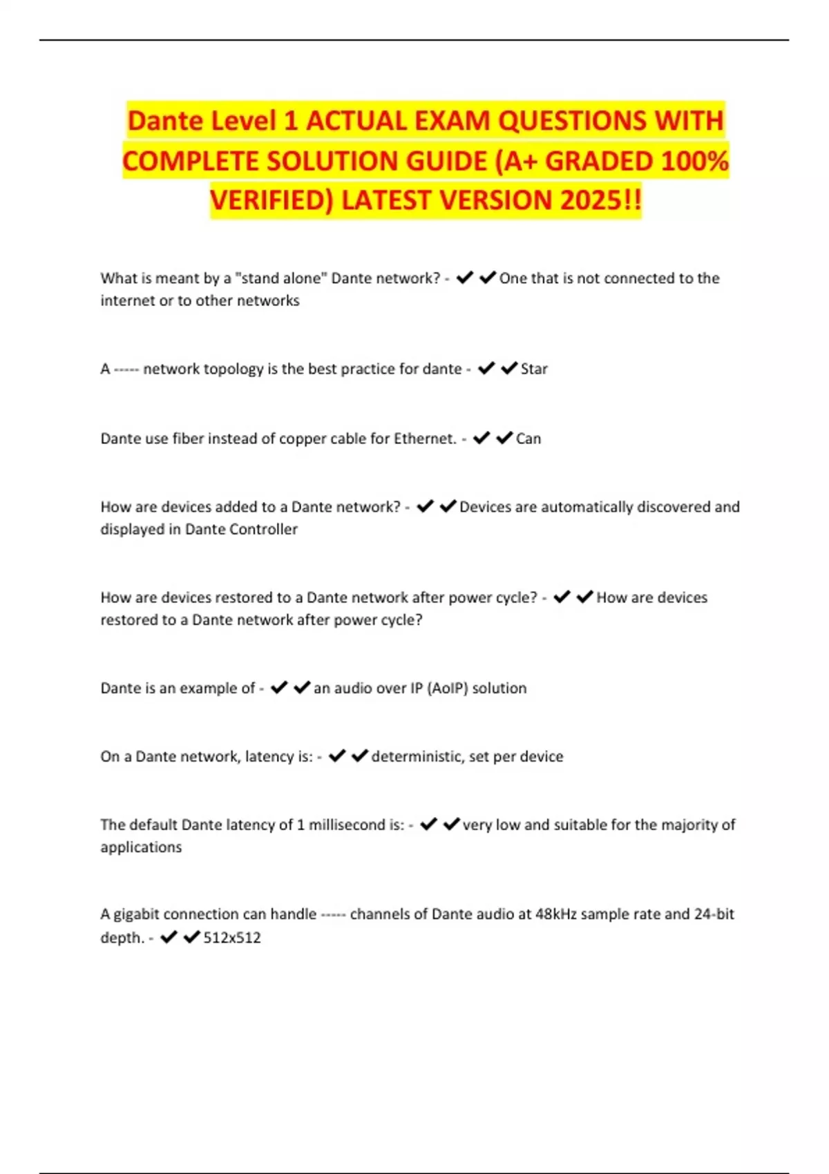Dante Level 1 ACTUAL EXAM QUESTIONS WITH COMPLETE SOLUTION GUIDE (A+ ...