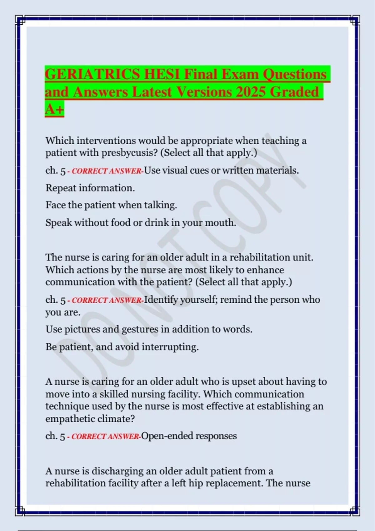 GERIATRICS HESI Final Exam Questions and Answers Latest Versions 2025 ...