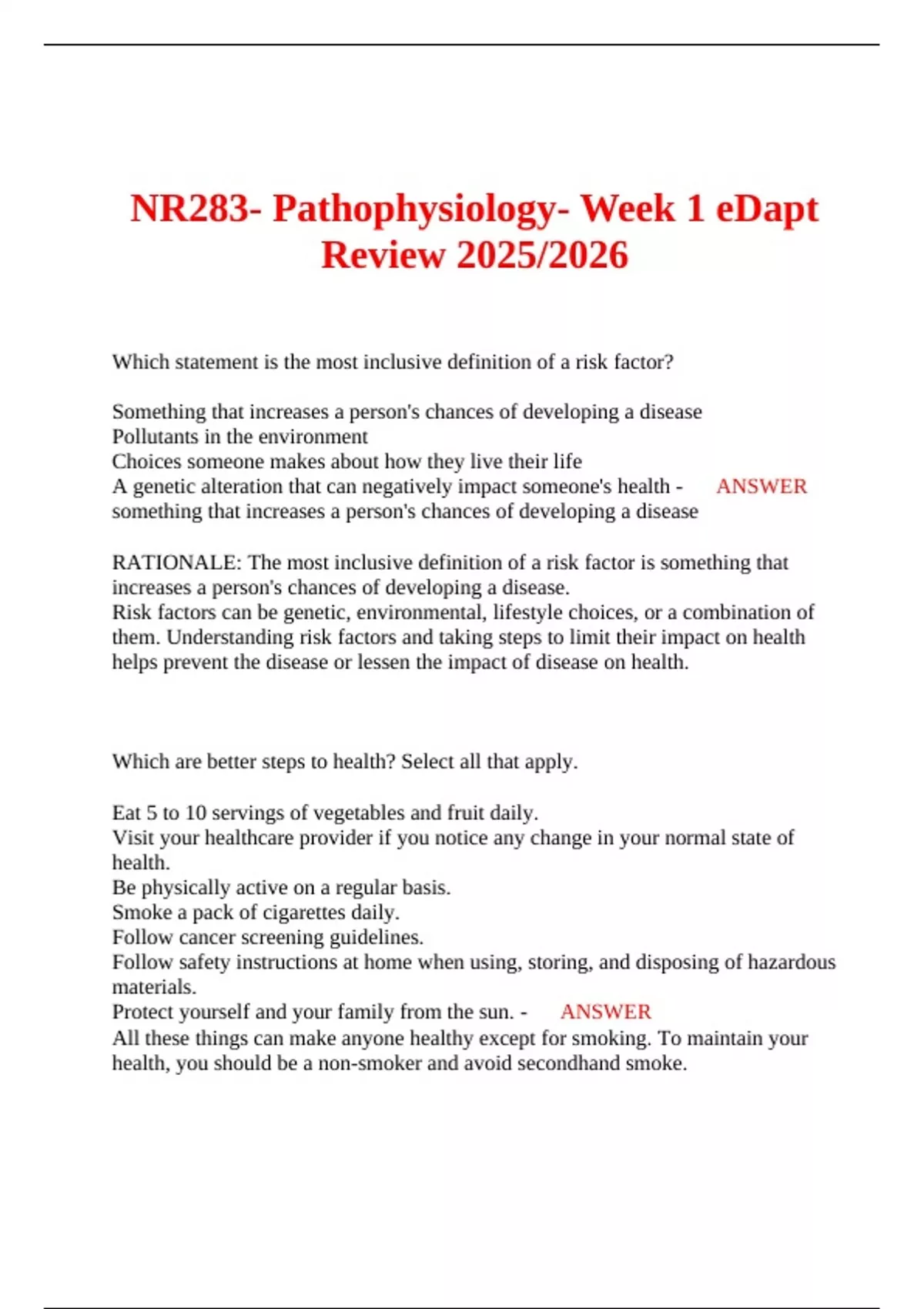 NR283- Pathophysiology- Week 1 eDapt Review 2025/2026 - NR 283 - Stuvia US