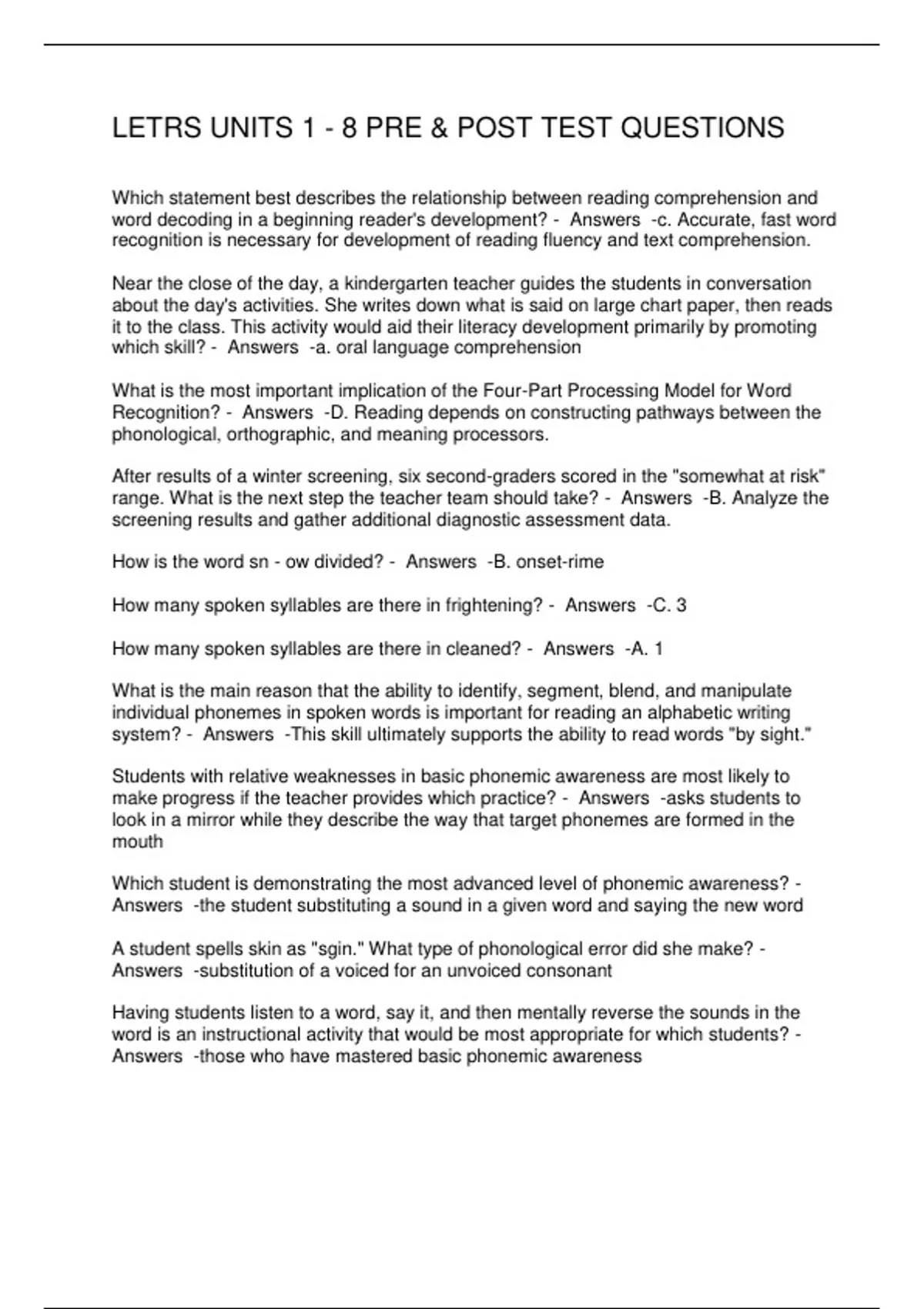 LETRS UNITS 1 - 8 PRE & POST TEST QUESTIONS - LETRS - Stuvia US