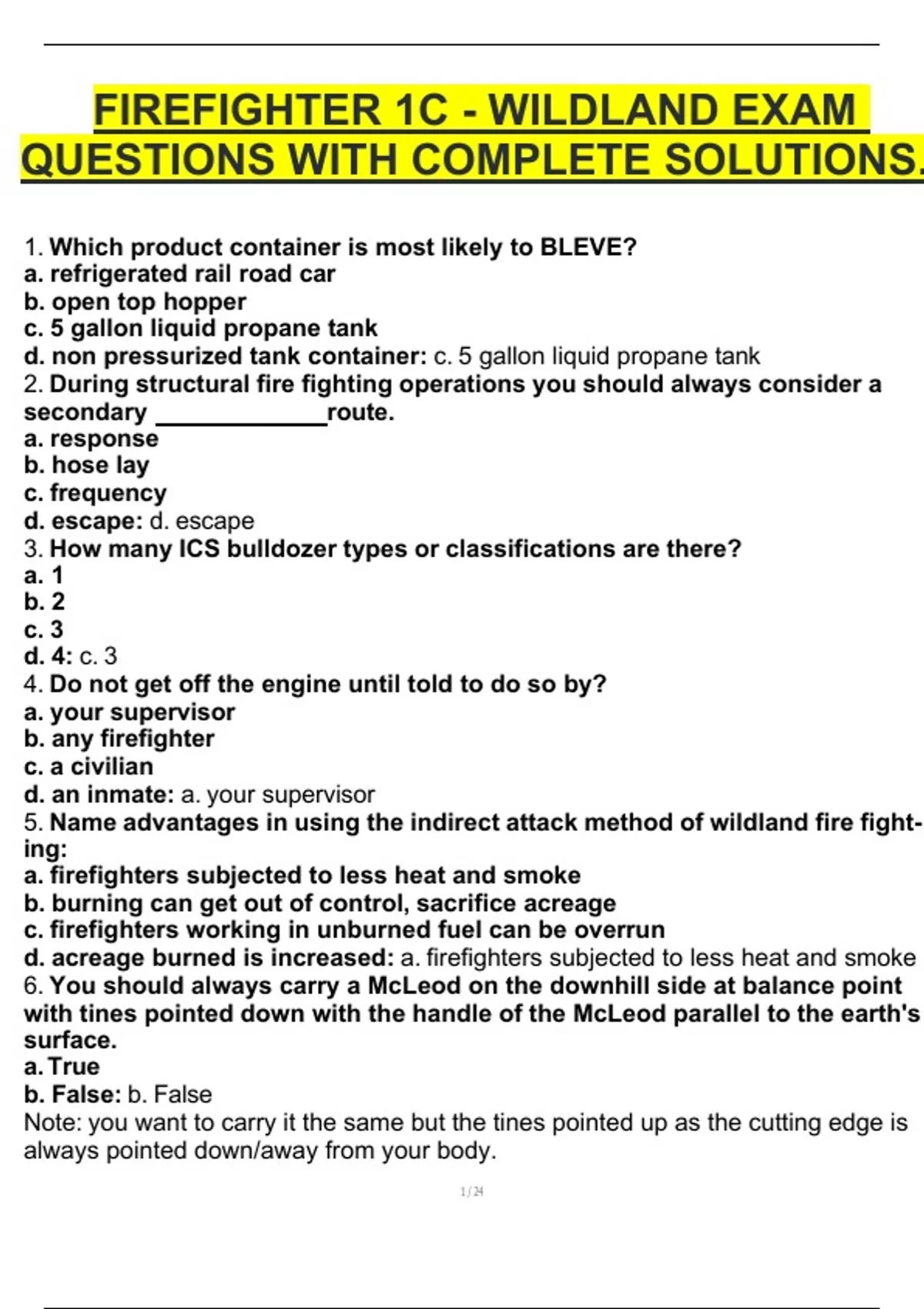 FIREFIGHTER 1C - WILDLAND EXAM QUESTIONS WITH COMPLETE SOLUTIONS ...