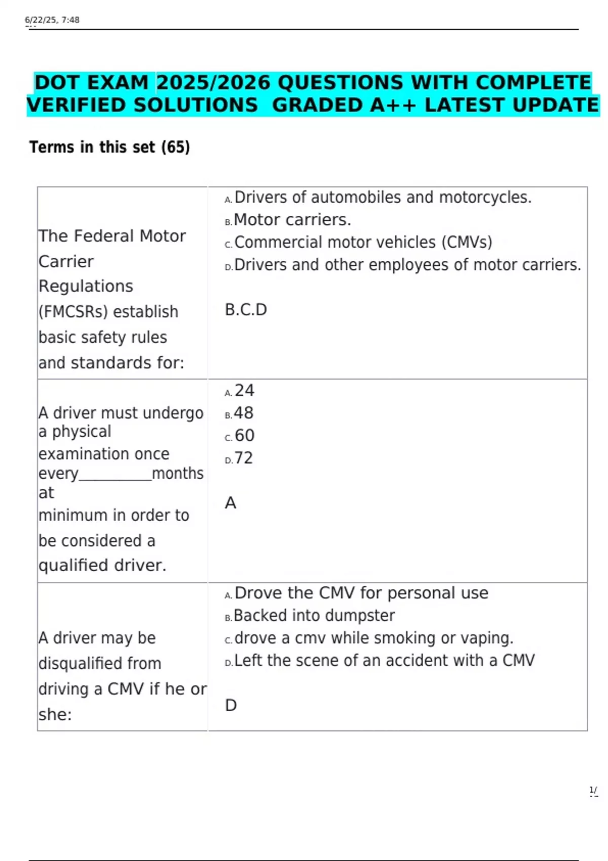 2025–2026 DOT Exam Questions & Verified A++ Answers – Complete ...