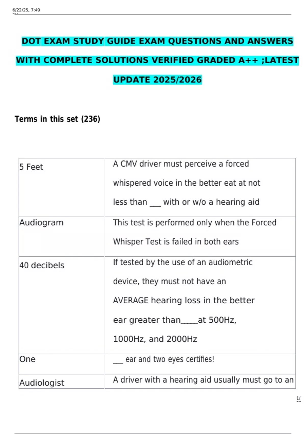 DOT Medical Exam 2025/2026 – Complete Study Guide with Full Questions, Verified Answers & FMCSA ...