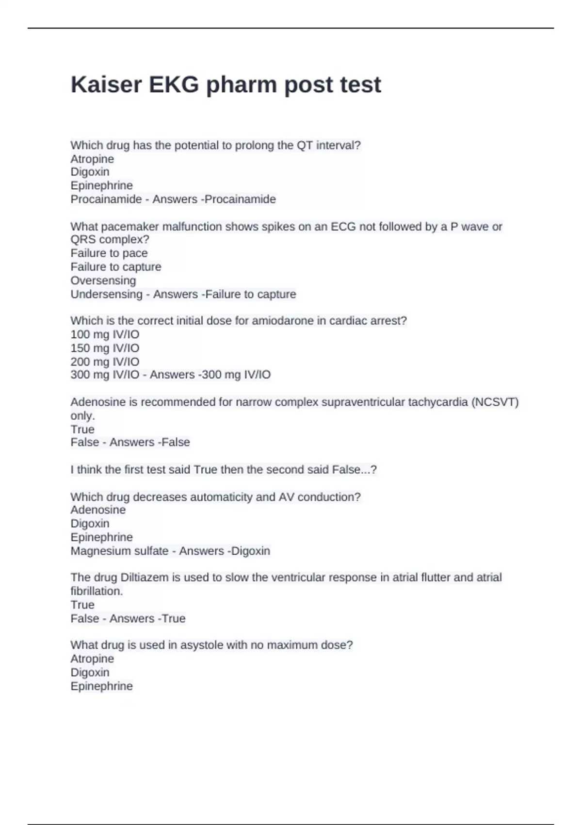 Kaiser EKG Pharm Post Test With Questions and Correct Answers - Kaiser ...