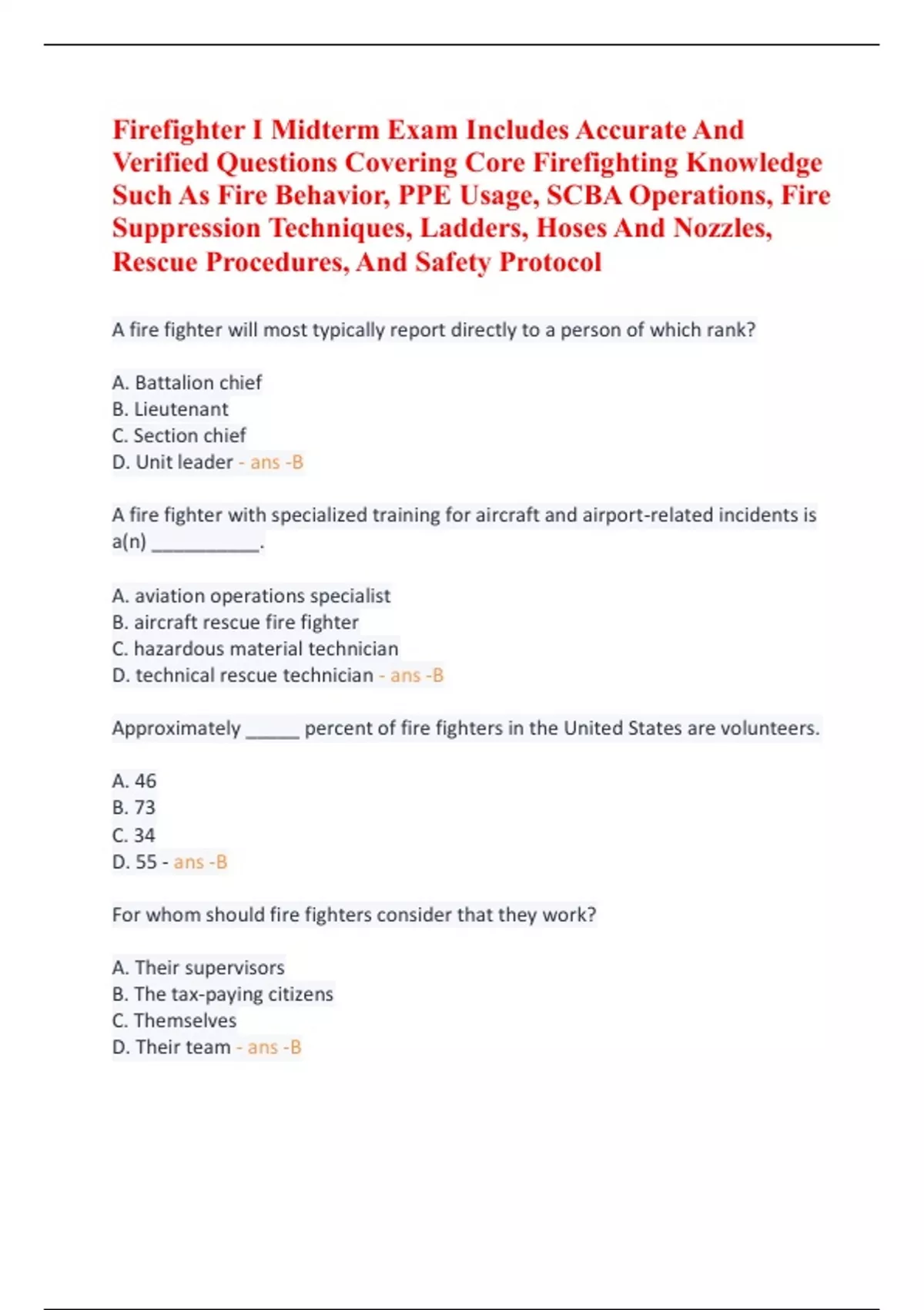 Firefighter I Midterm Exam Includes Accurate And Verified Questions ...