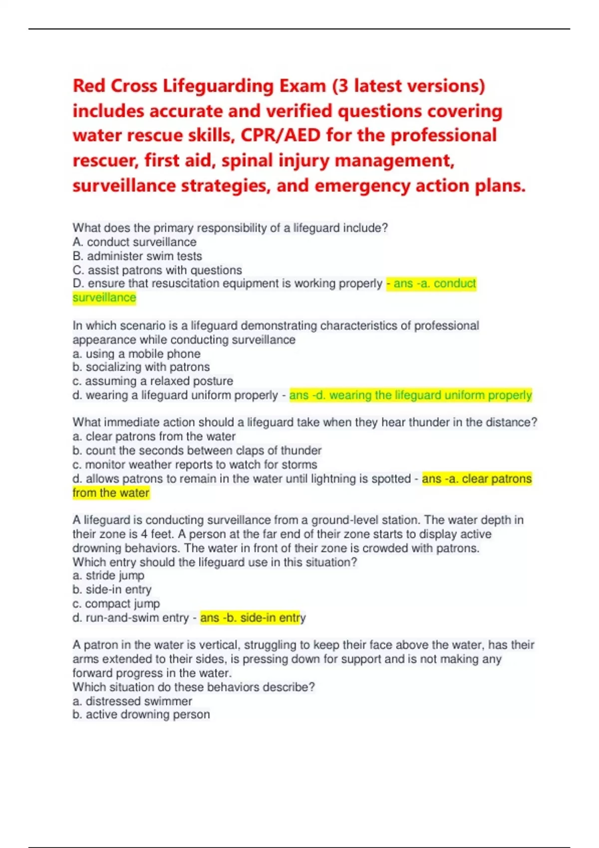 Red Cross Lifeguarding Exam (3 latest versions) includes accurate and ...
