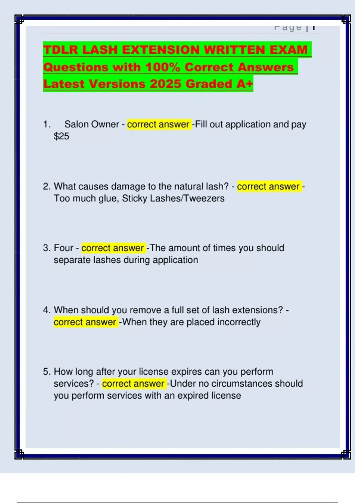 TDLR LASH EXTENSION WRITTEN EXAM Questions with 100- Correct Answers ...