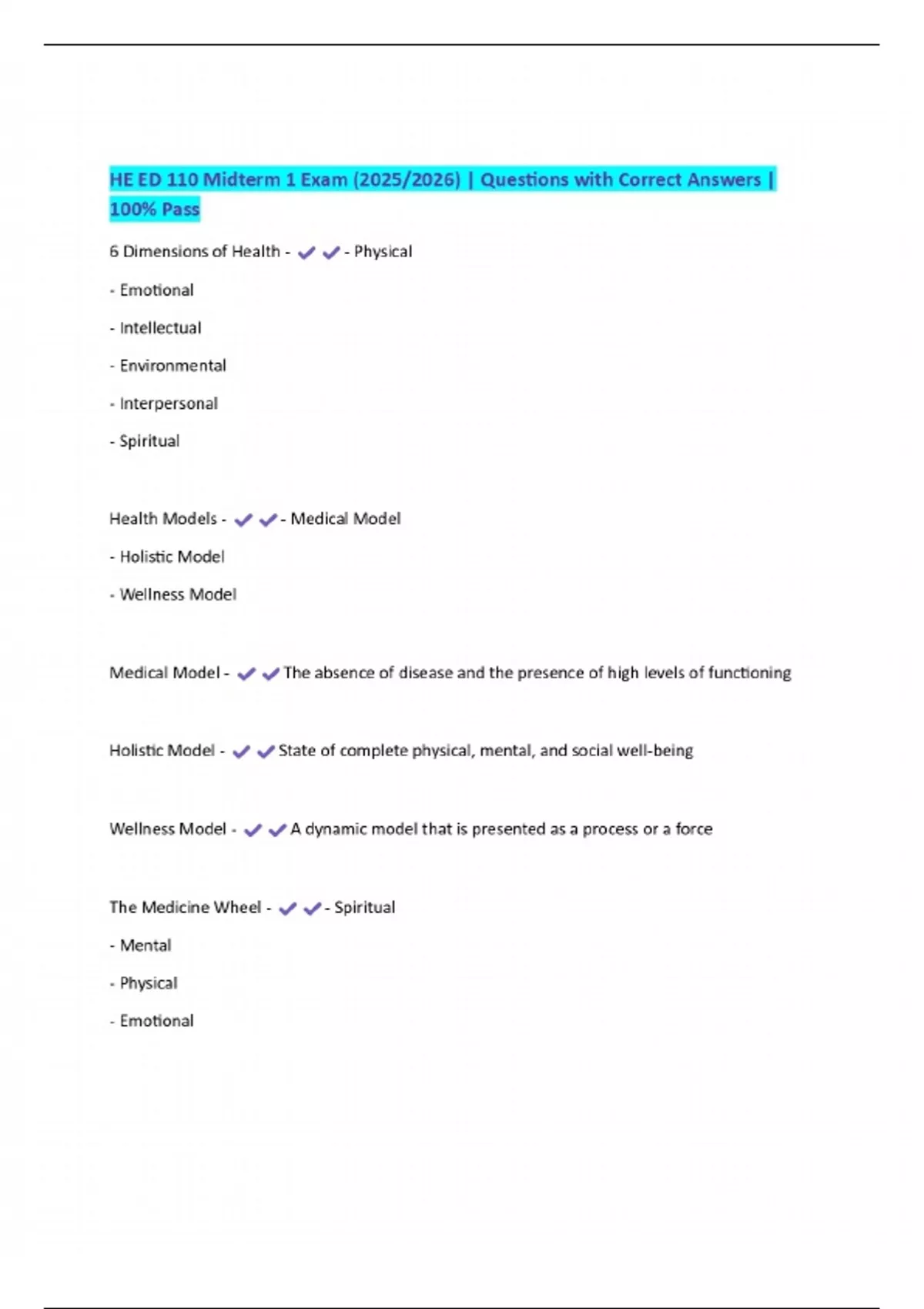 HE ED 110 Midterm 1 Exam (2025/2026) | Questions with Correct Answers | 100% Pass - HE ED 110 ...