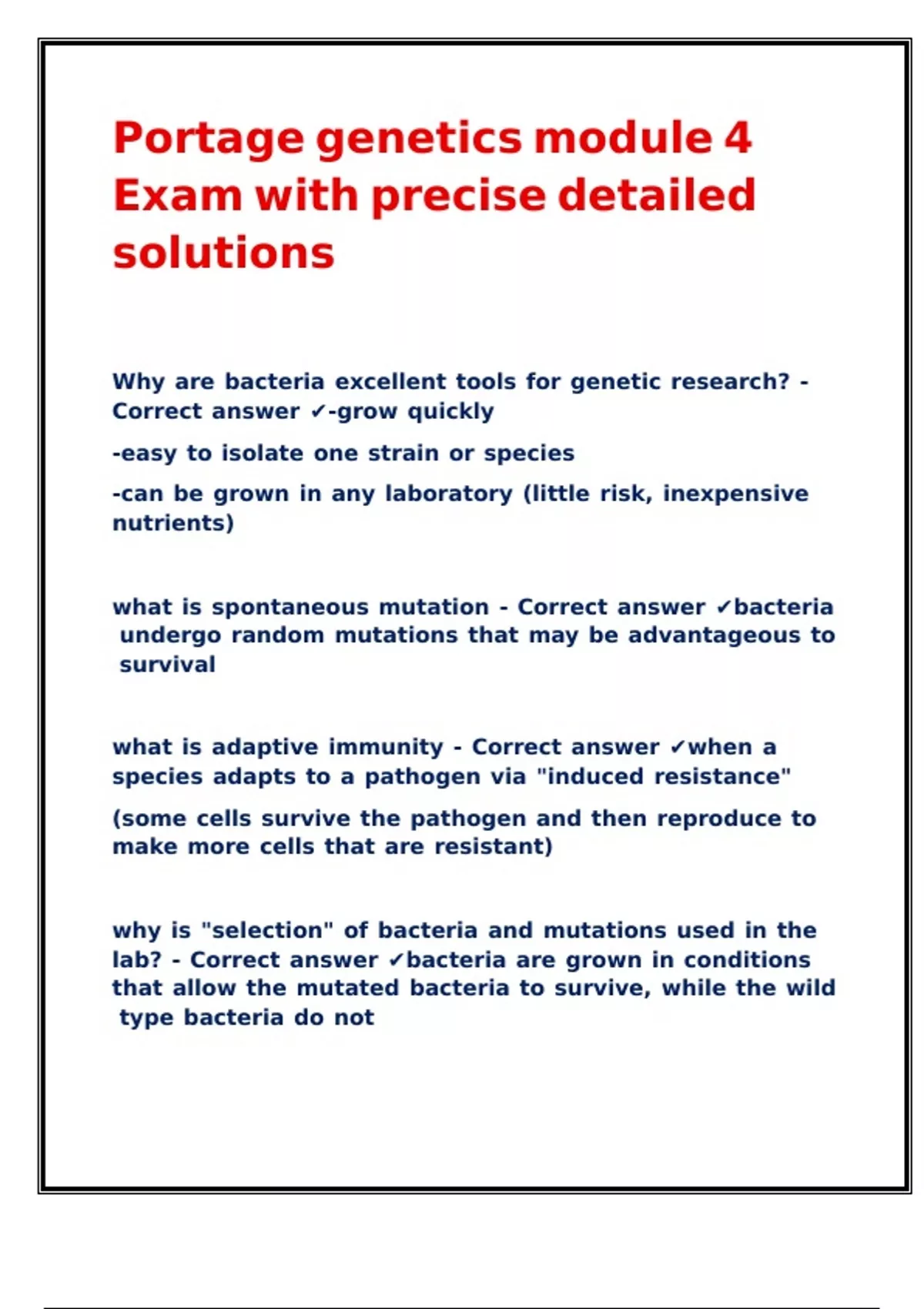 Portage BIOD 210 genetics module 4 Exam with precise detailed solutions - Portage BIOD 210 ...