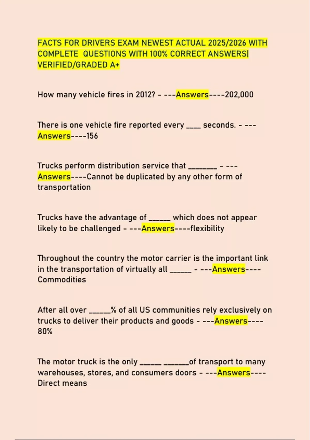 FACTS FOR DRIVERS EXAM NEWEST ACTUAL 2025/2026 WITH COMPLETE QUESTIONS ...