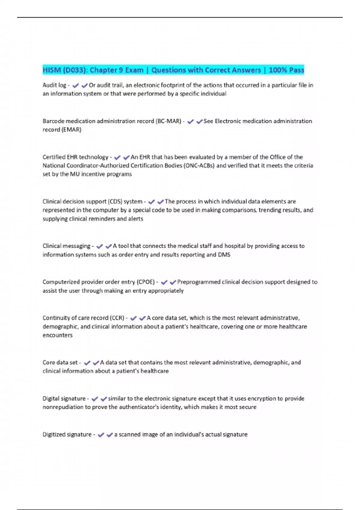 BUNDLE PACKAGE:::HISM (D033)| Exams| Questions with Correct Answers ...