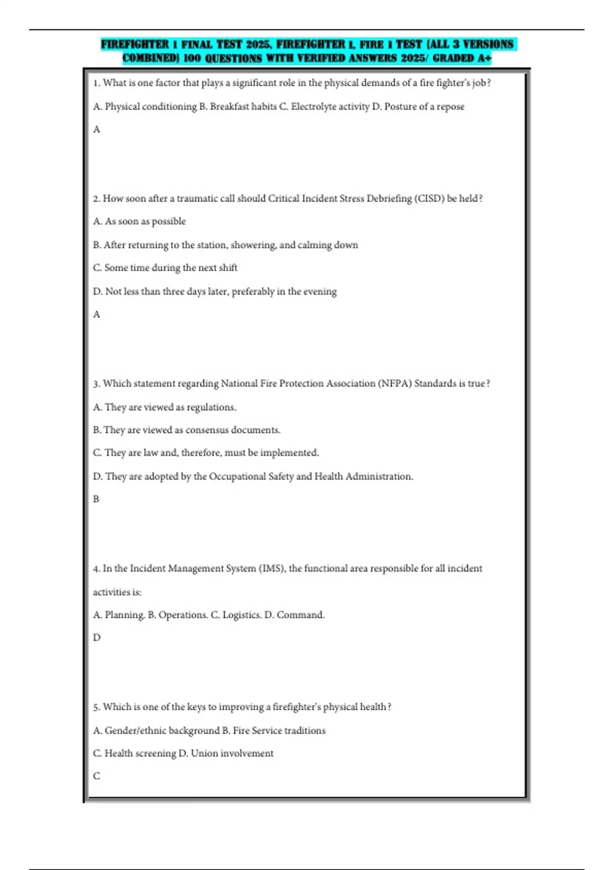 FIREFIGHTER 1 FINAL TEST 2025, FIREFIGHTER 1, FIRE 1 TEST {ALL 3 ...