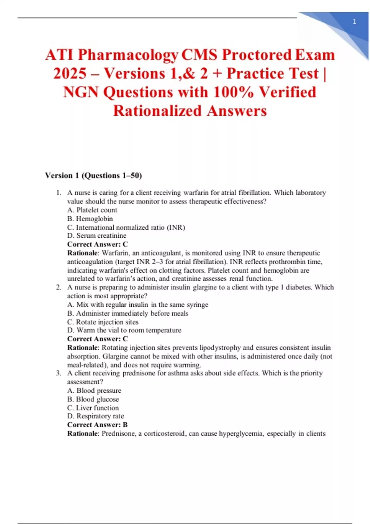 ATI Pharmacology CMS Proctored Exam 2025 – Versions 1,& 2 + Practice ...