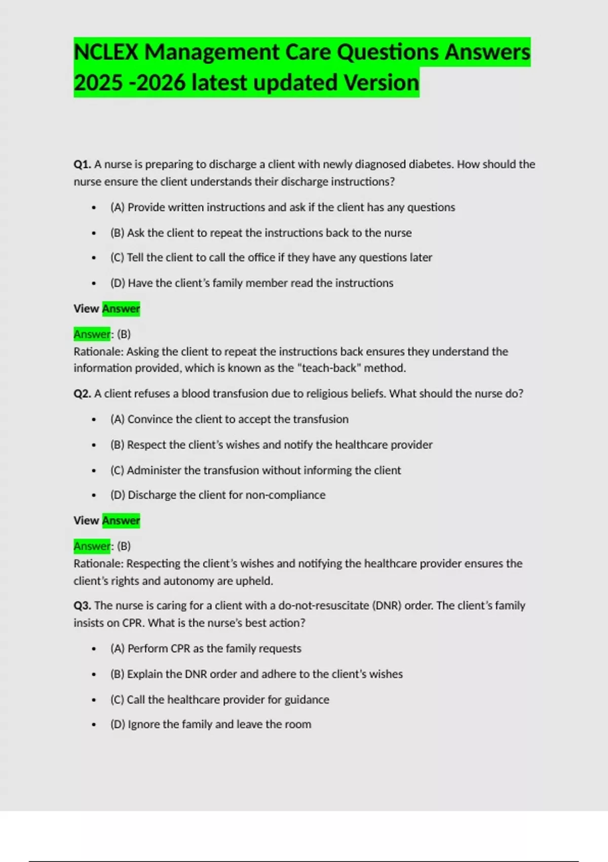 NCLEX Management Care Questions Answers latest updated Version - NCLEX ...