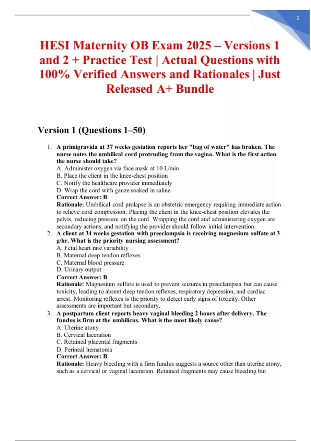 HESI Maternity OB Exam 2025 – Versions 1 and 2 + Practice Test | Actual ...