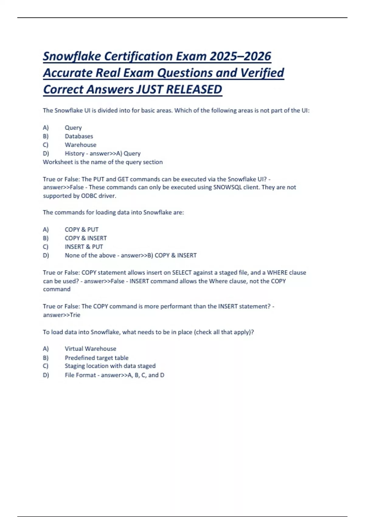 Snowflake Certification Exam 2025–2026 Accurate Real Exam Questions and Verified Correct Answers ...