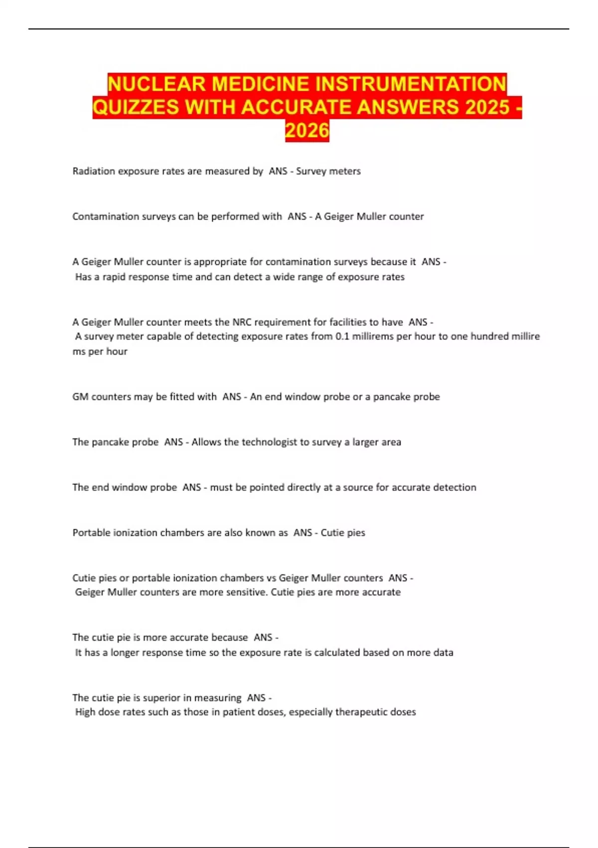 NUCLEAR MEDICINE INSTRUMENTATION QUIZZES WITH ACCURATE ANSWERS - NMTCB ...