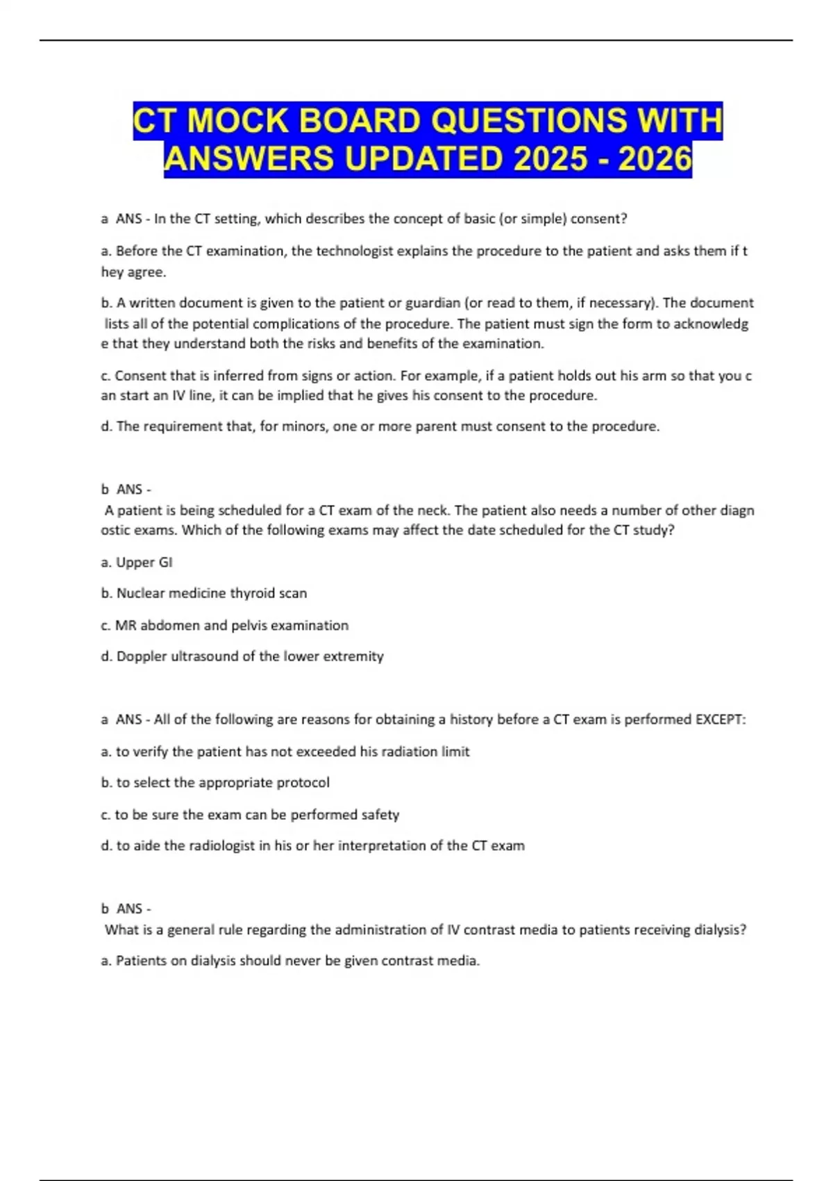 CT MOCK BOARD QUESTIONS WITH ANSWERS UPDATED - NMTCB - Stuvia US